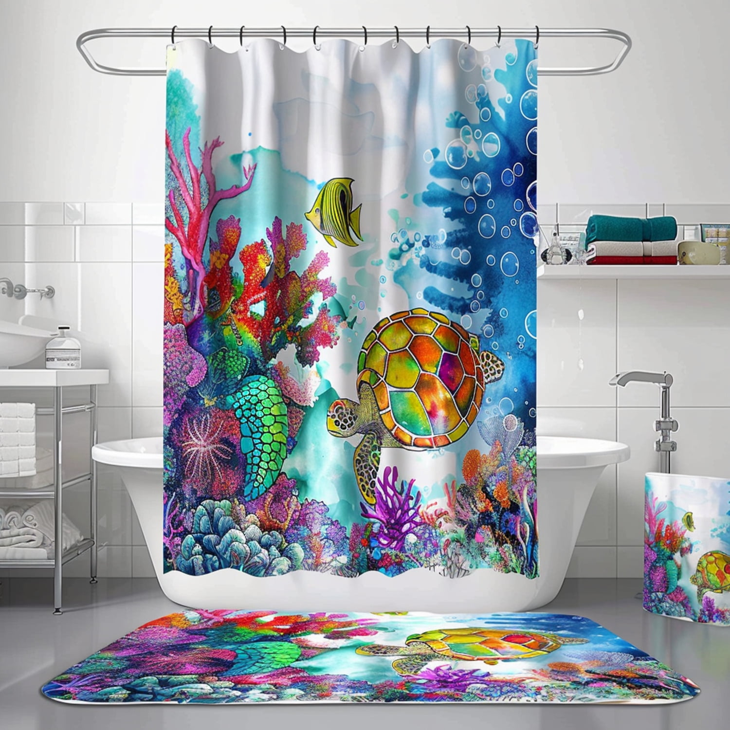 Colorful Sea Turtle and Coral Reef Bathroom Decor Set with Ocean Theme ...