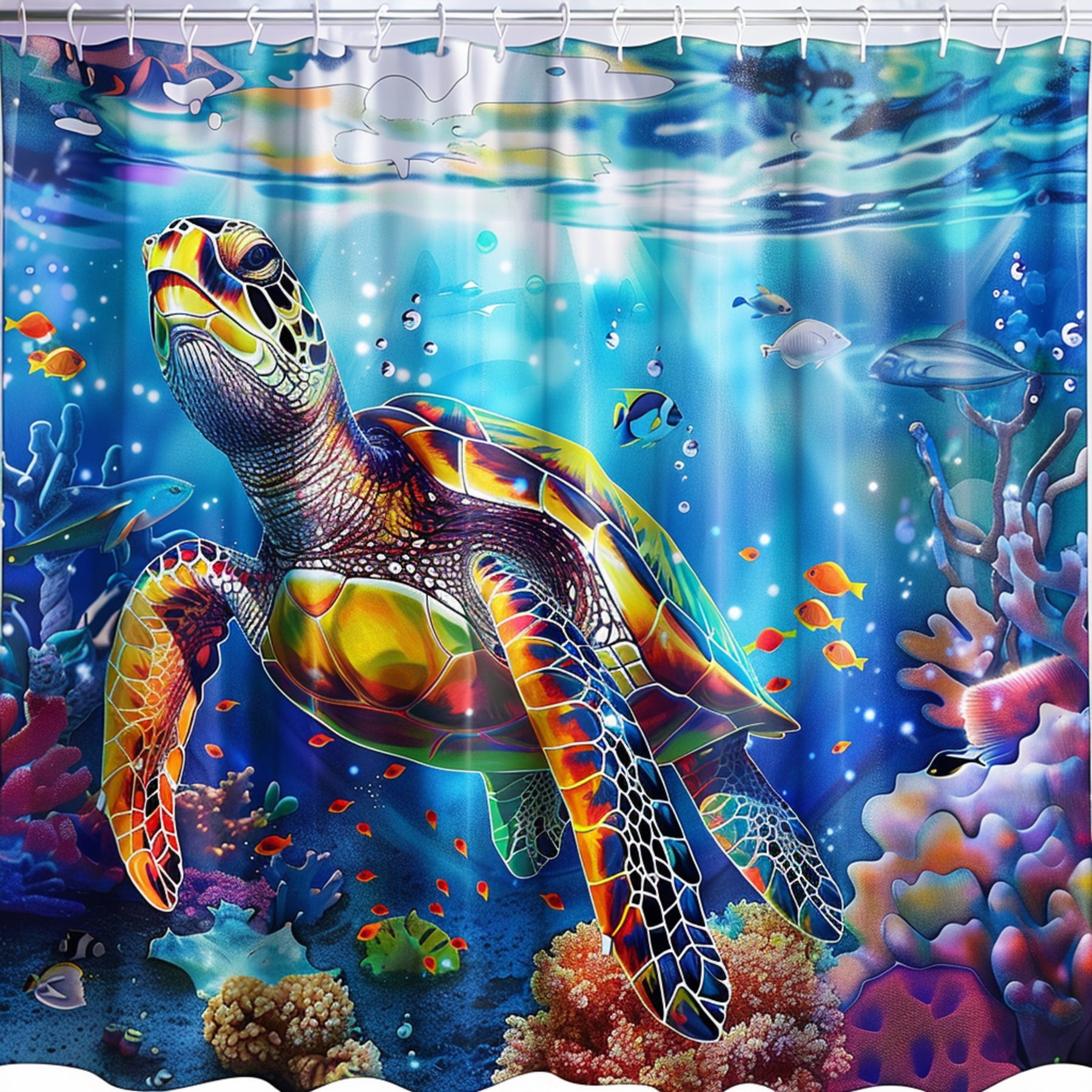 Colorful Sea Turtle And Coral Reef Bathroom Shower Curtain Vibrant