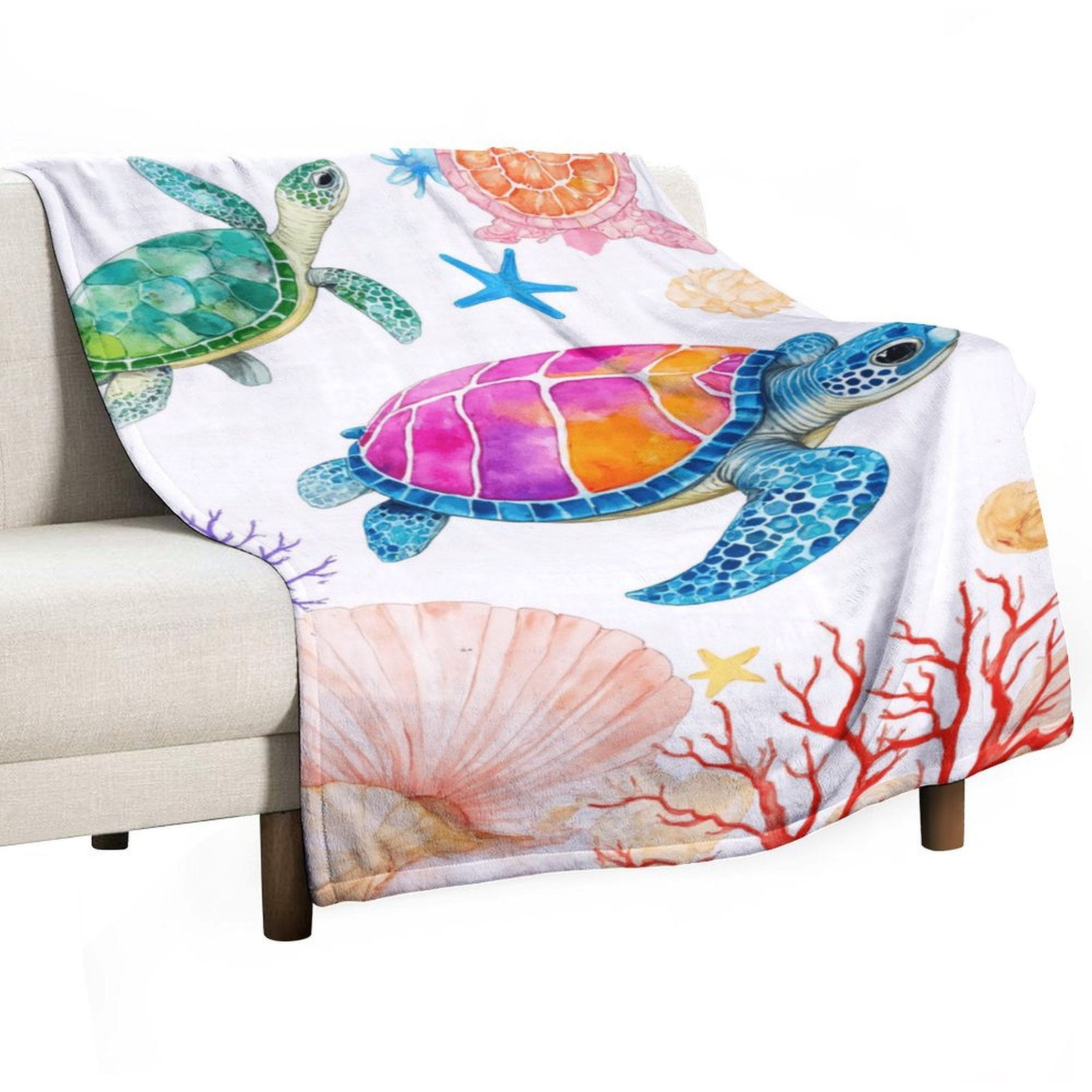 Colorful Sea Turtles And Shells Throw Blanket Warm Microfiber Flannel ...