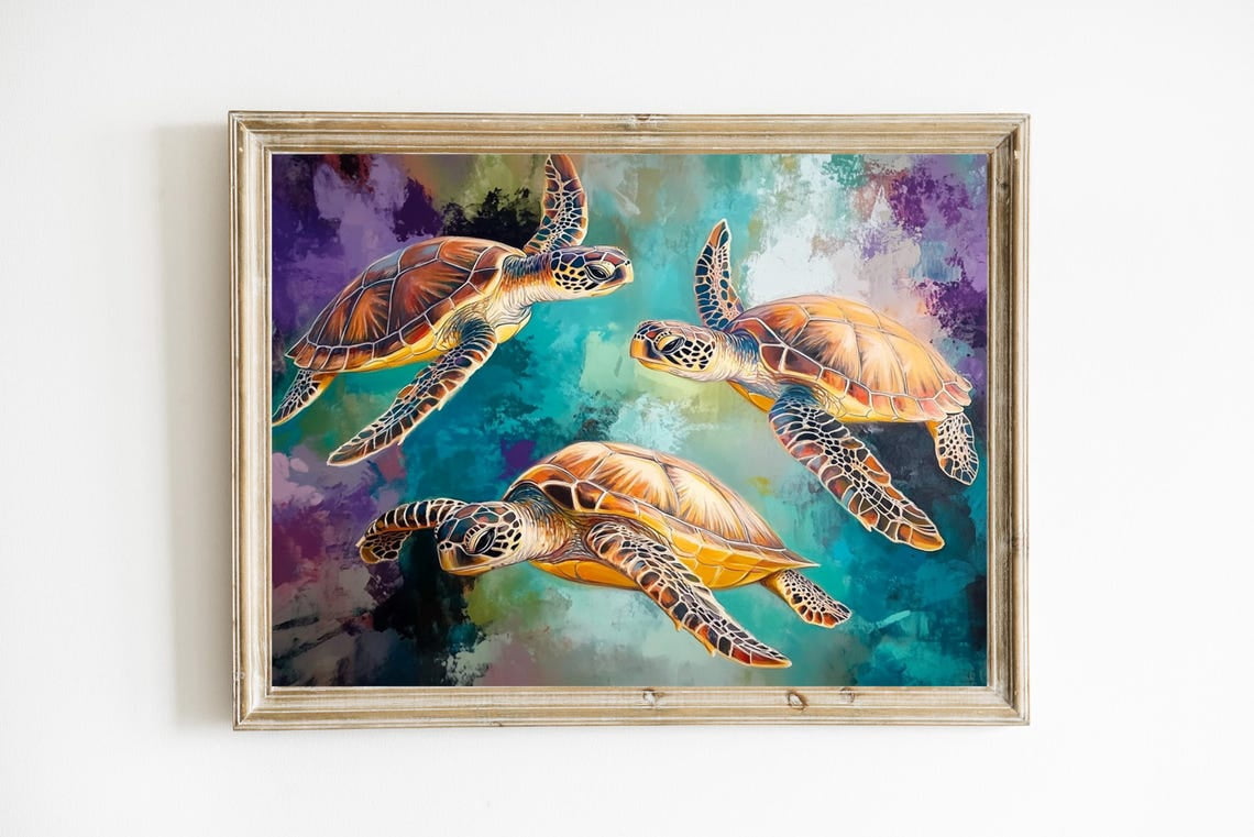 Colorful Sea Turtles Print Poster Coastal Art Beach Wall Print Poster ...