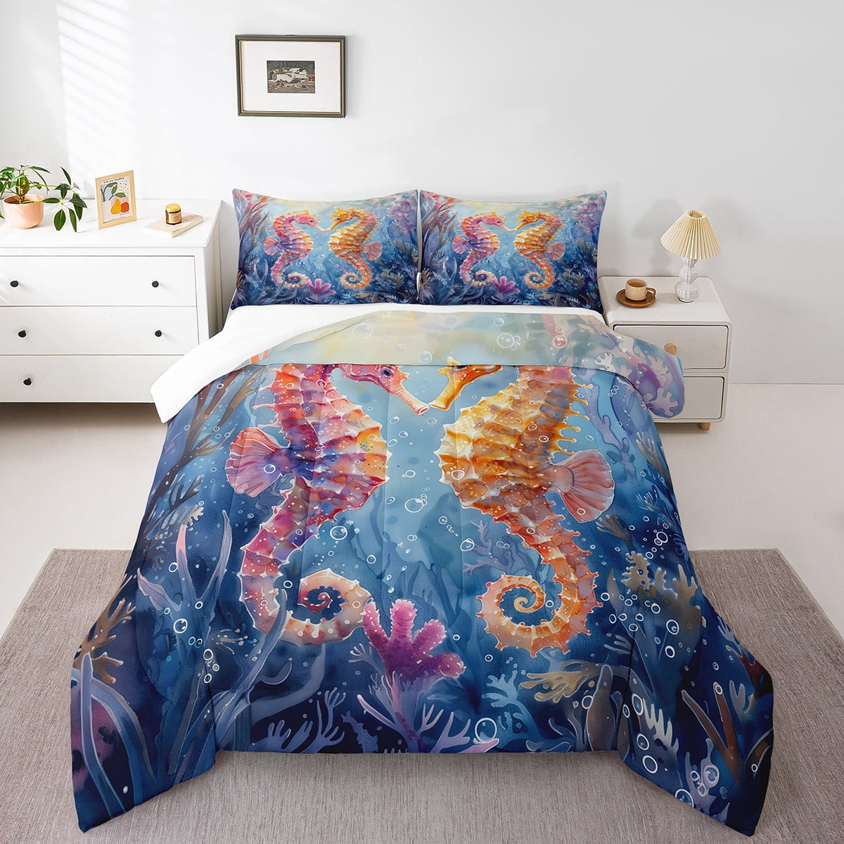 Colorful Seahorse Twin Comforter Set,Ocean Life Sea Animal Seahorse ...