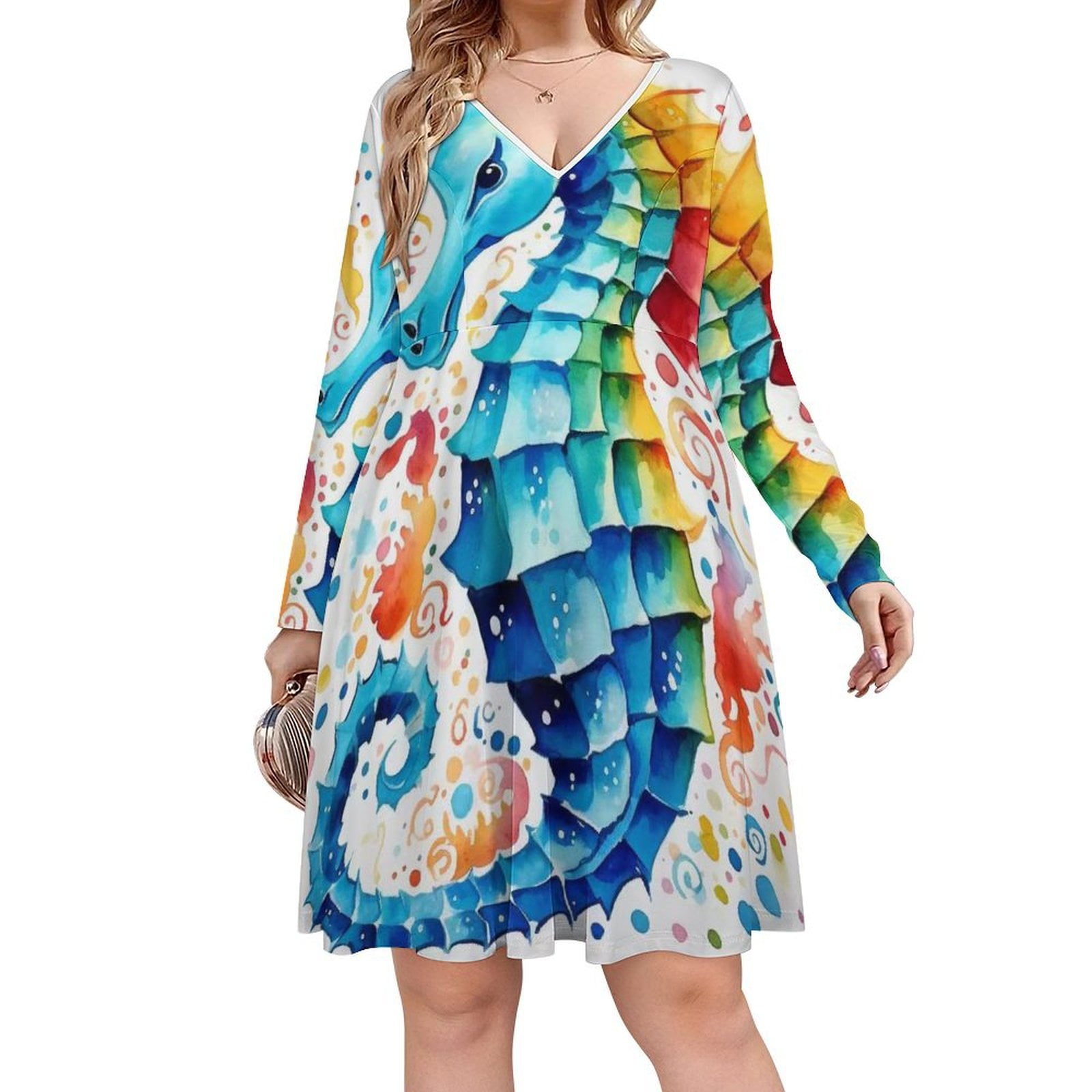 Colorful Seahorse Watercolor Long Sleeve Dresses For Women Vintage ...