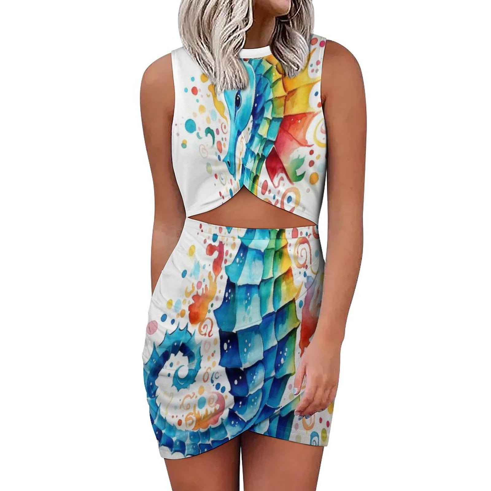 Colorful Seahorse Watercolor Women's Crossover Slim Hip Dress Summer ...