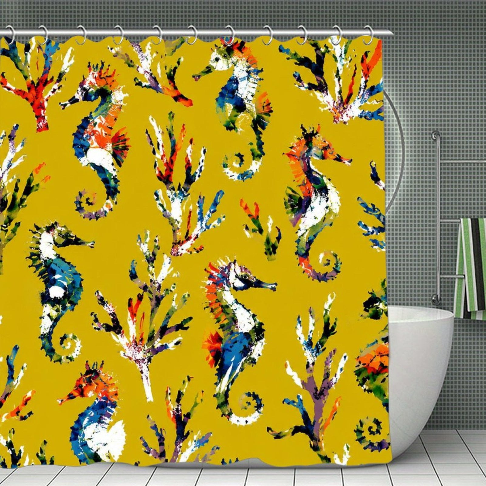 Colorful Seahorses And Coral Pattern Print Shower Curtain,Cloth Fabric ...