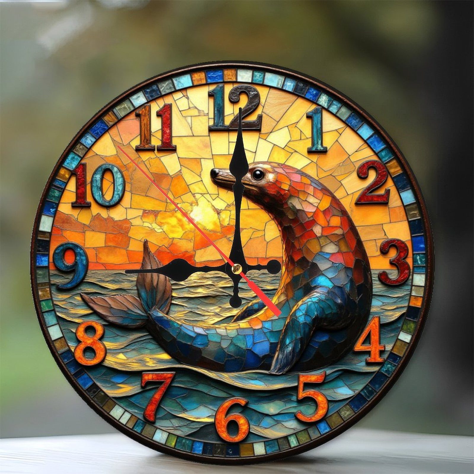 Colorful Seal Mosaic Wall Clock Art Decor 10-Inch Silent Wooden Wall ...