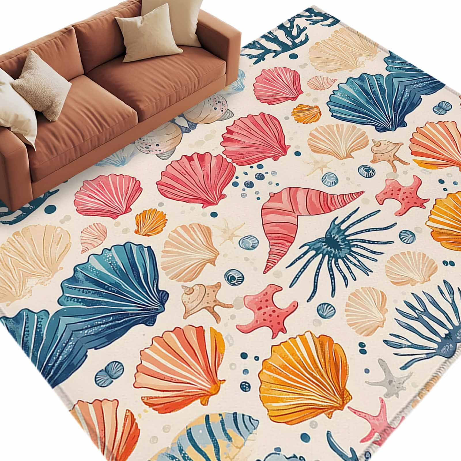 Colorful Seashell Area Rug 6x9ft Coastal Non-Slip Washable Square Rugs ...