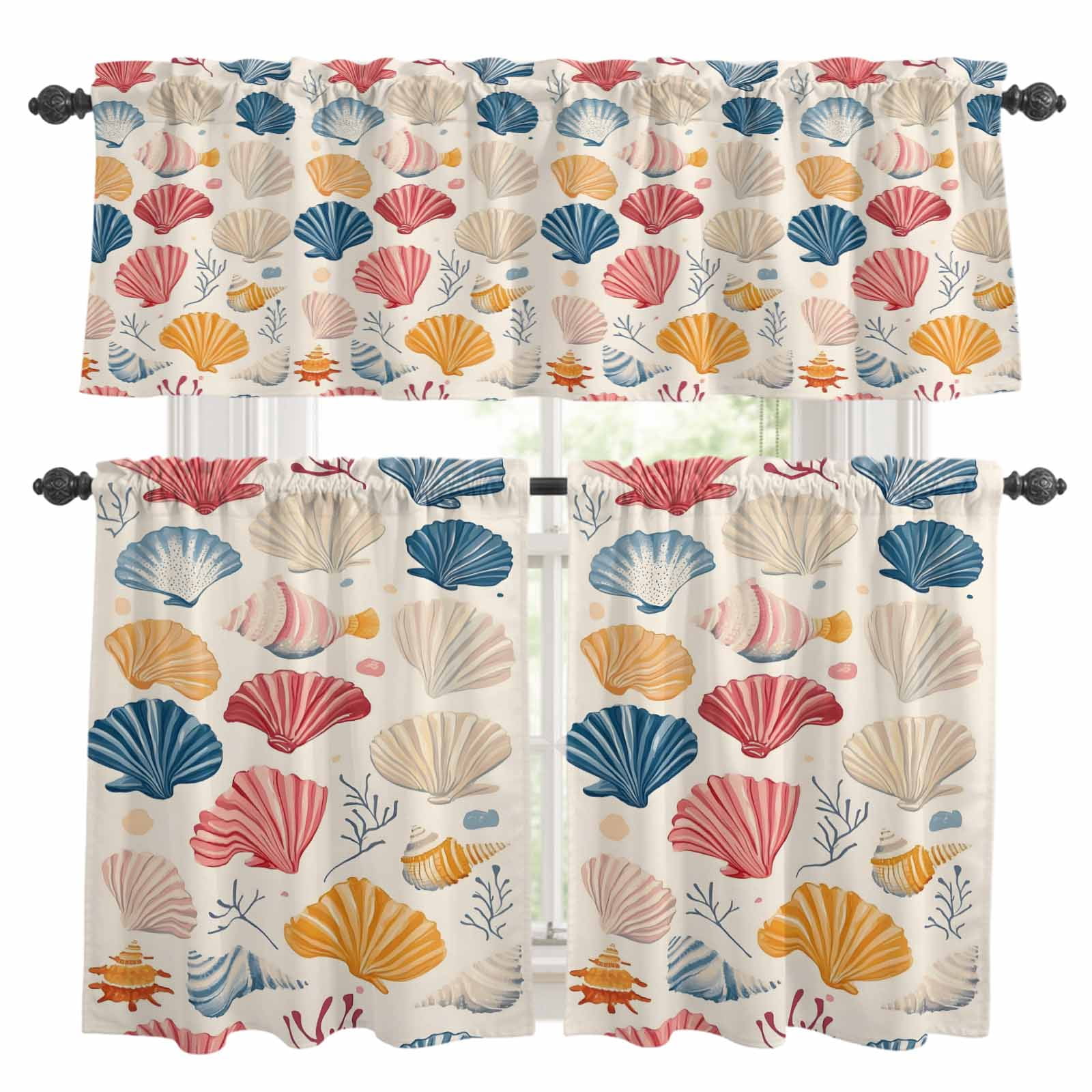 Colorful Seashell Kitchen Curtains Valances and Tiers Set of 3 Nautical ...