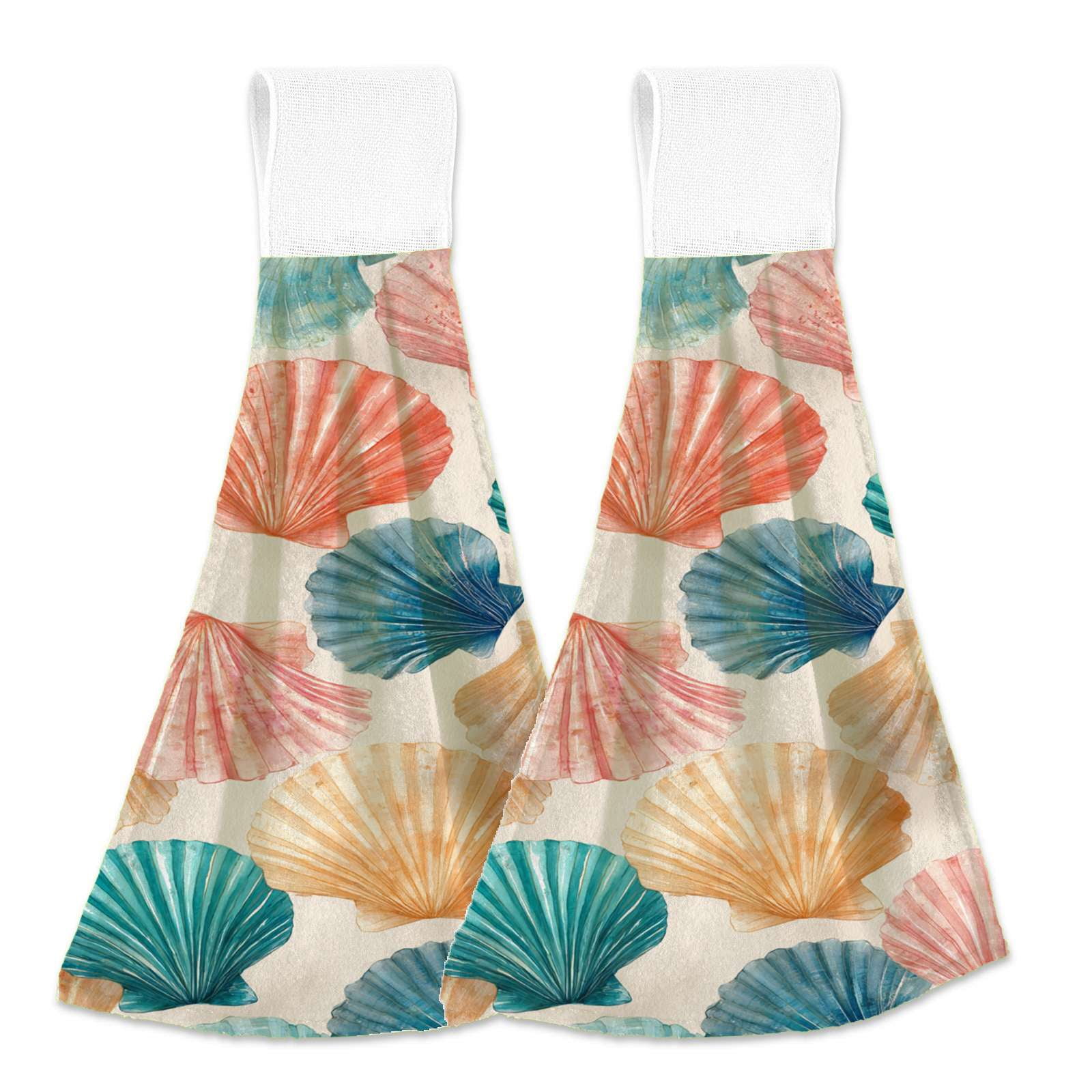 Colorful Seashell Pattern Hanging Kitchen Hand Towels Sets with Loop ...