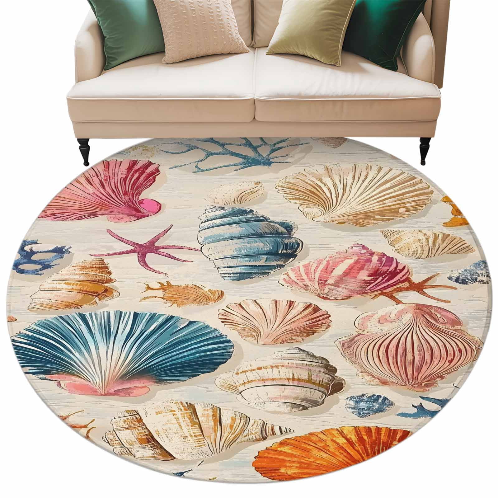 Colorful Seashell Round Area Rug 7ft Vinatge Non-Slip Washable Circle ...
