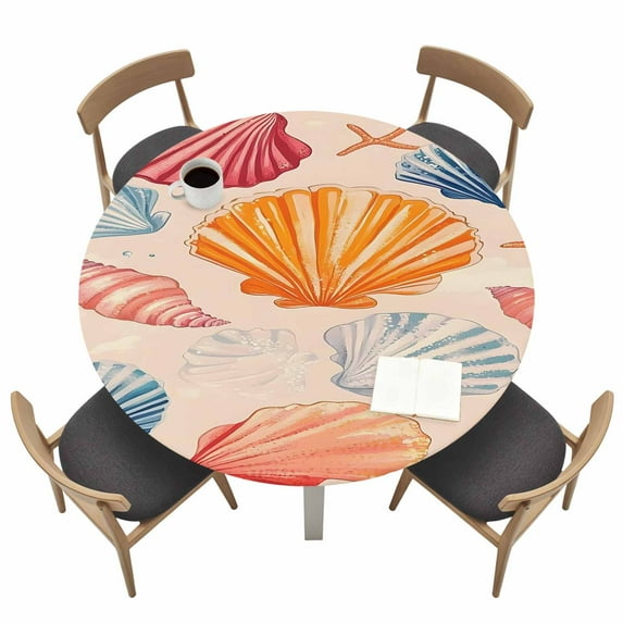 Colorful Seashell Round Fitted Tablecloth with Elastic Edge Retro Table ...