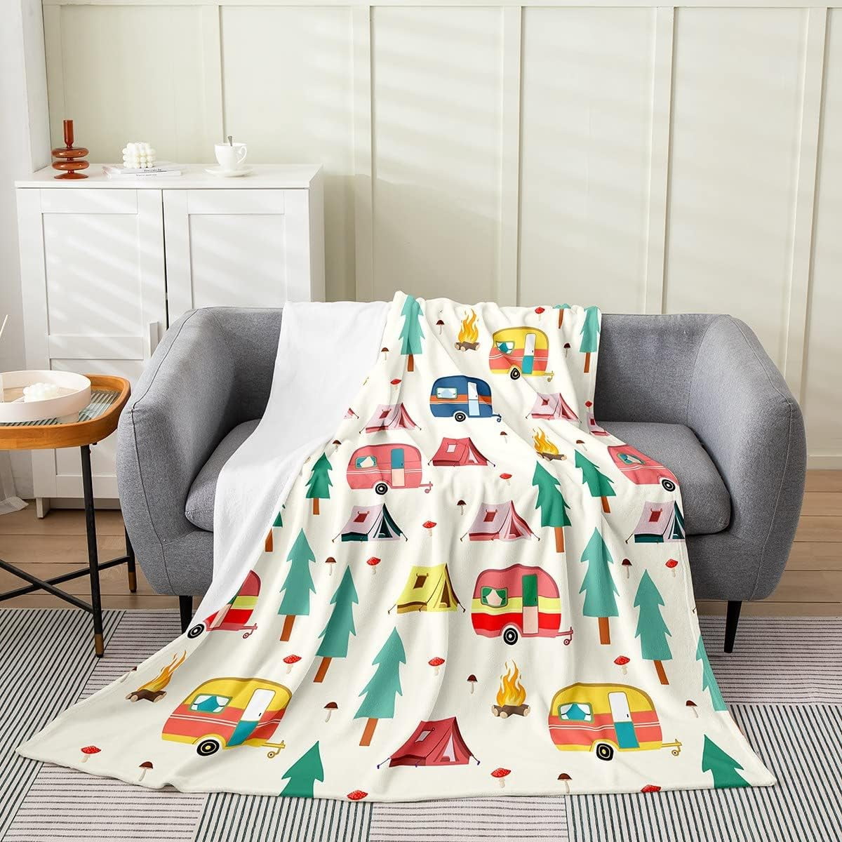 Colorful All Season Camper Bed Blanket - Happy Camping Plush Throw for ...