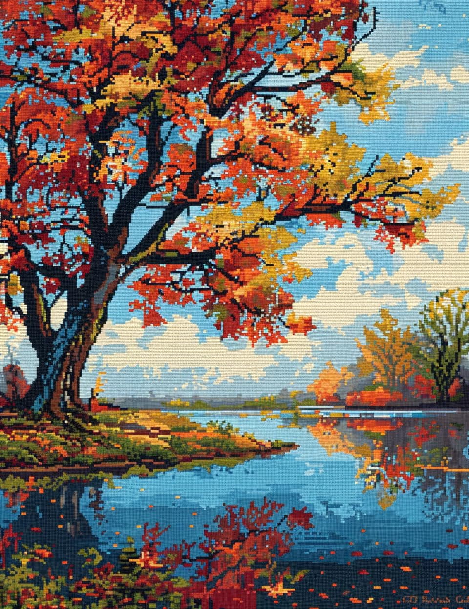 Colorful Season Tree in Lake Reflection DIY 11CT Stamped Cross Stitch ...
