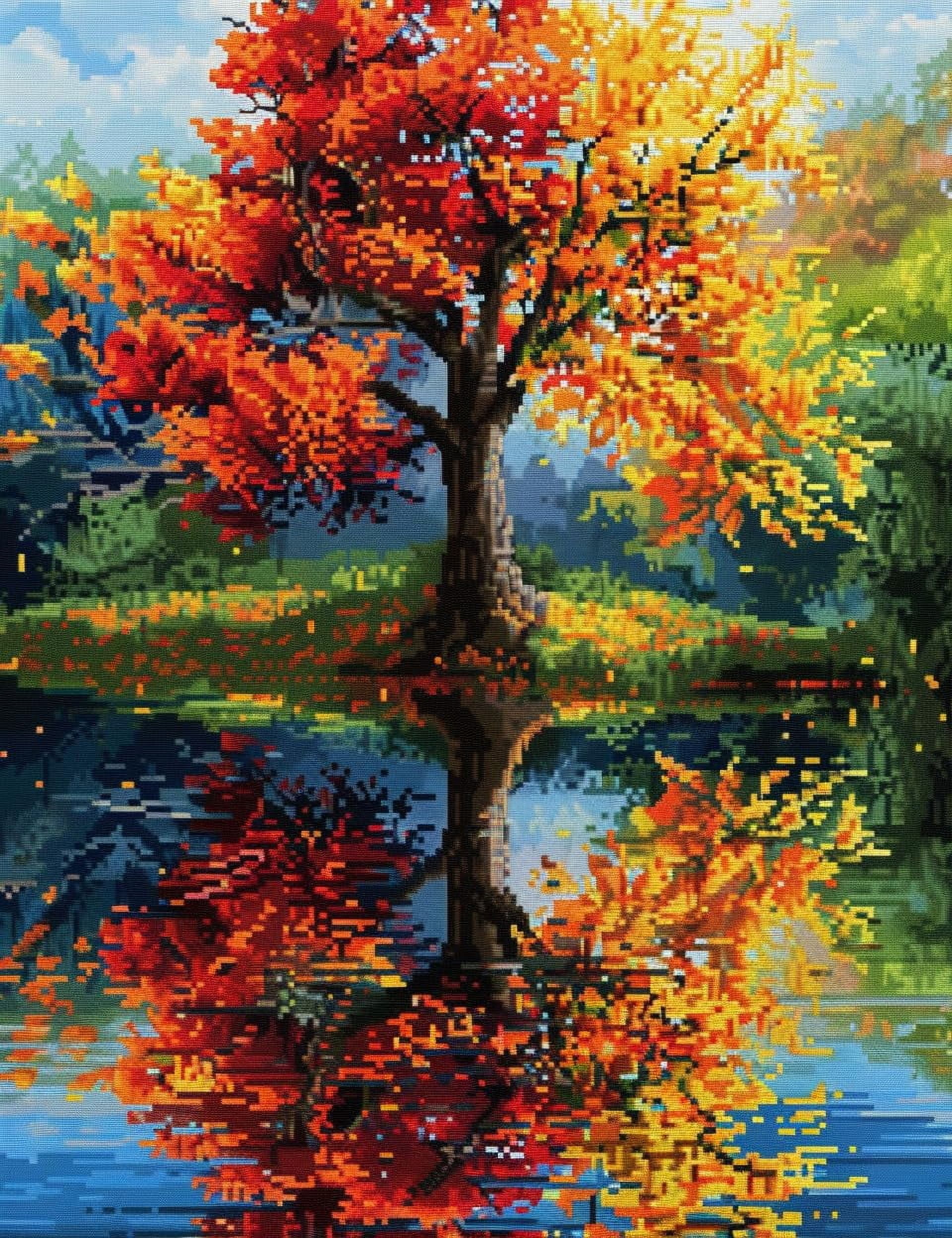 Colorful Season Tree in Lake Reflection DIY 11CT Stamped Cross Stitch ...