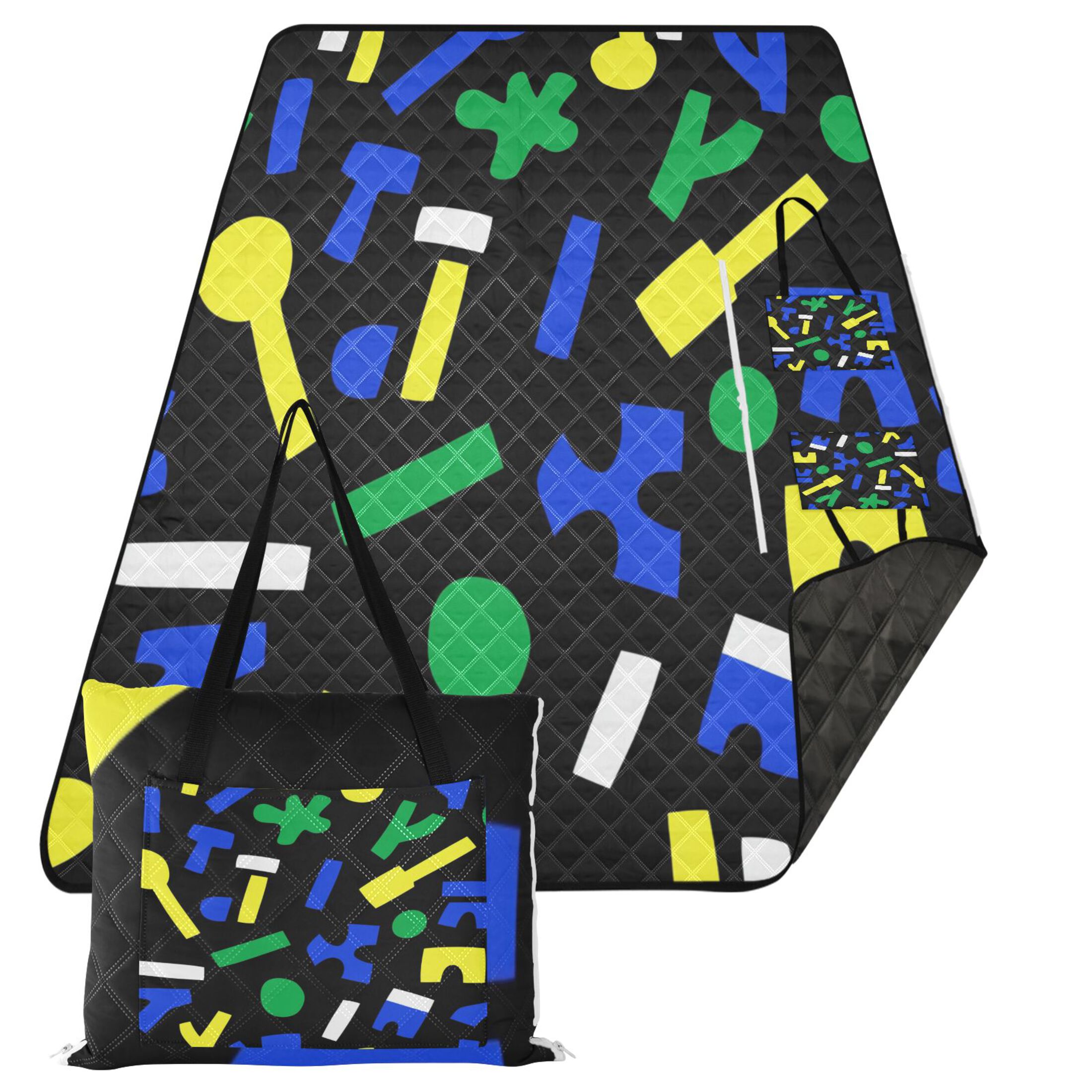 Colorful Shapes on Black 80x118in Waterproof Camping Blanket, Foldable ...