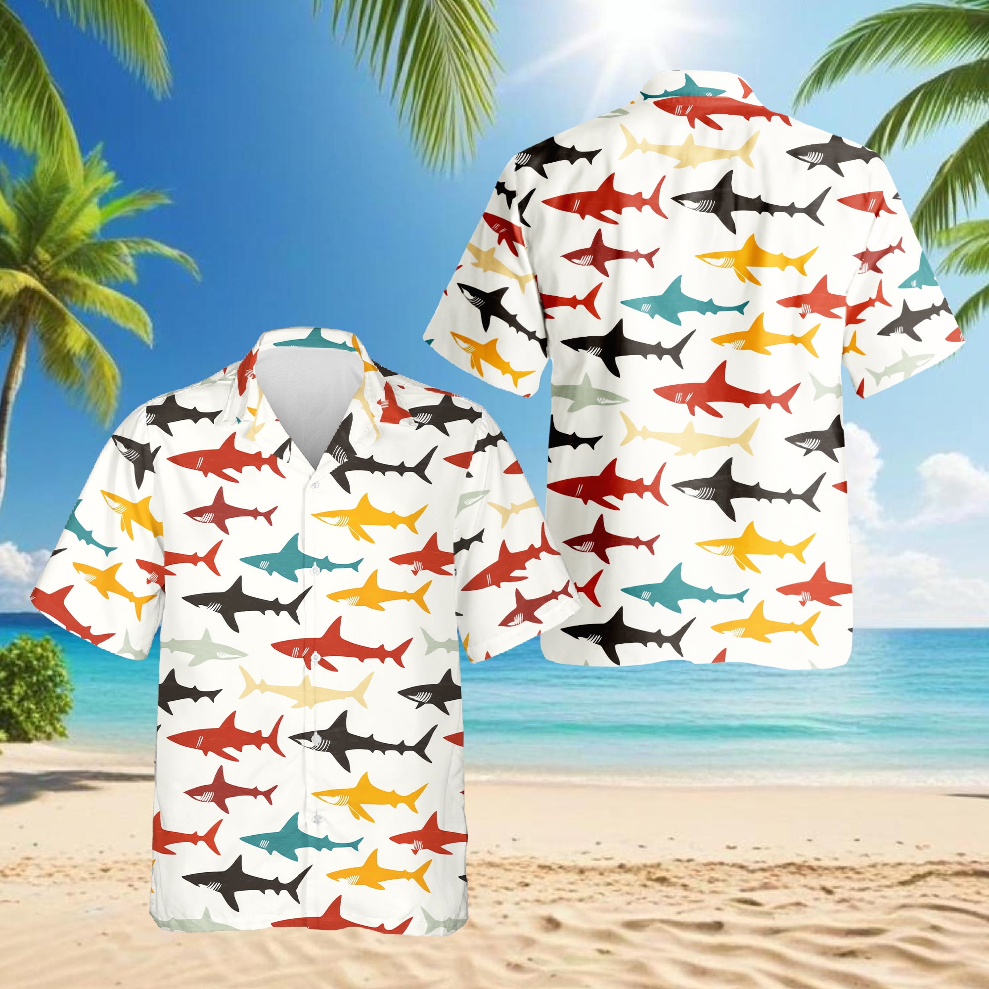 Colorful Shark Hawaiian Shirt for Men, Vintage Style, Button Down ...