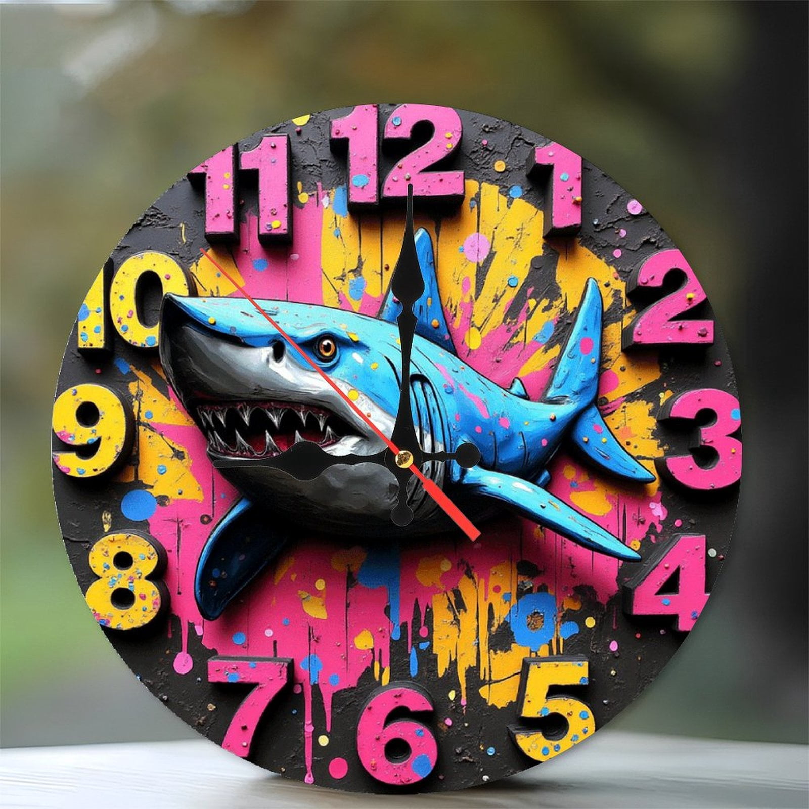 Colorful Shark Wall Clock for Unique Home Decor 10-Inch Silent Wooden ...