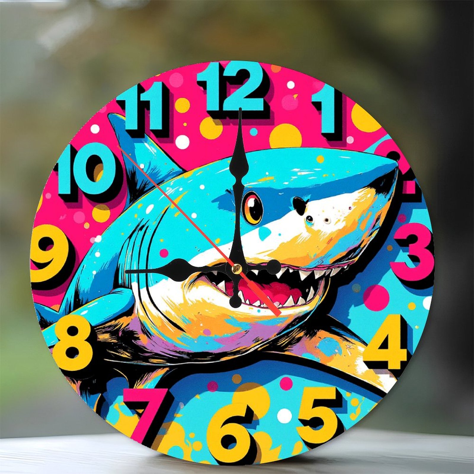 Colorful Shark Wall Clock with Unique Design Art 10-Inch Silent Wooden ...