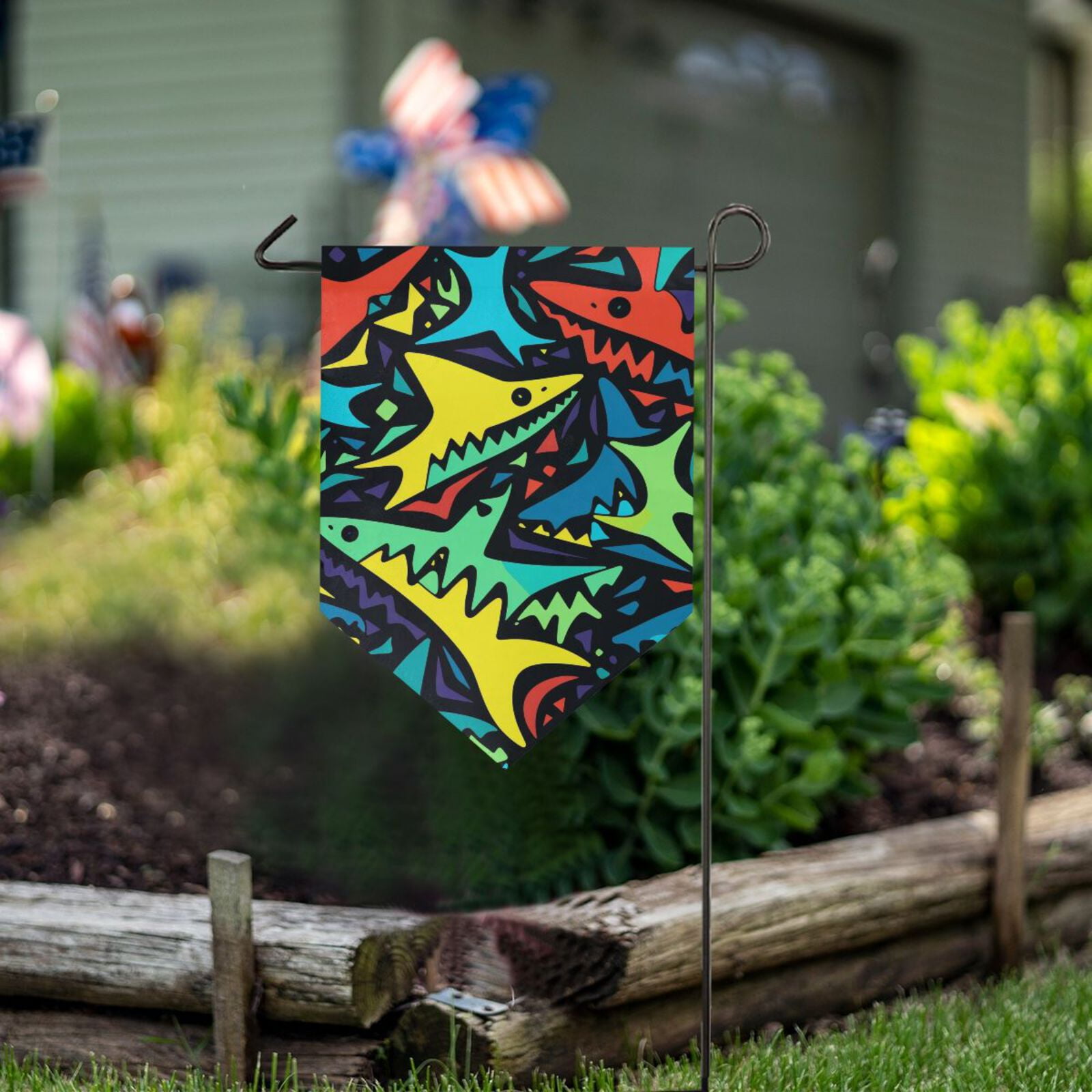 Colorful Sharks Garden Flag 18" x 12.5" Double Sided Yard Lawn Outdoor ...