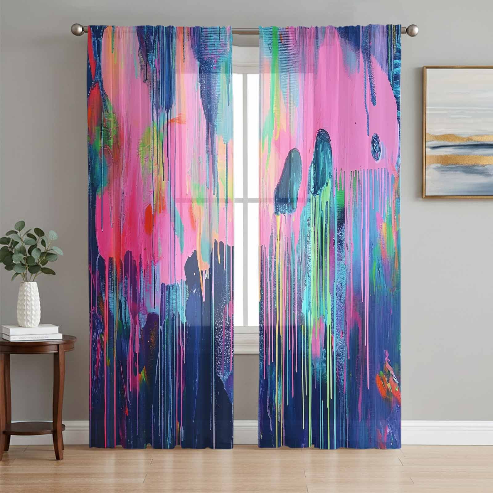 Colorful Sheer Curtains 72 Inch Length 2 Panels Set, Modern Art Oil ...