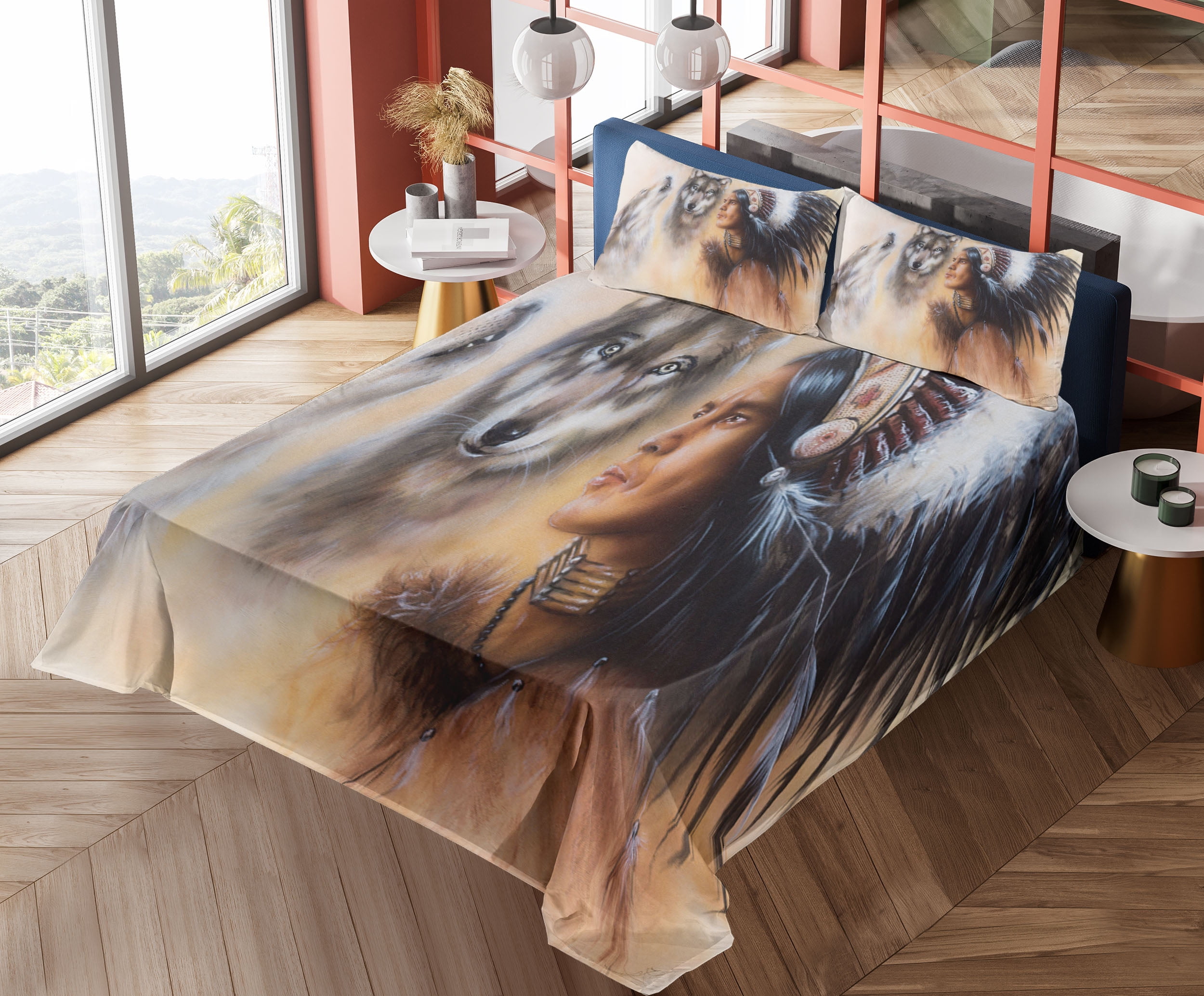 Colorful Sheet Set, Blur Mystic Painting of Young Native Man Feather ...