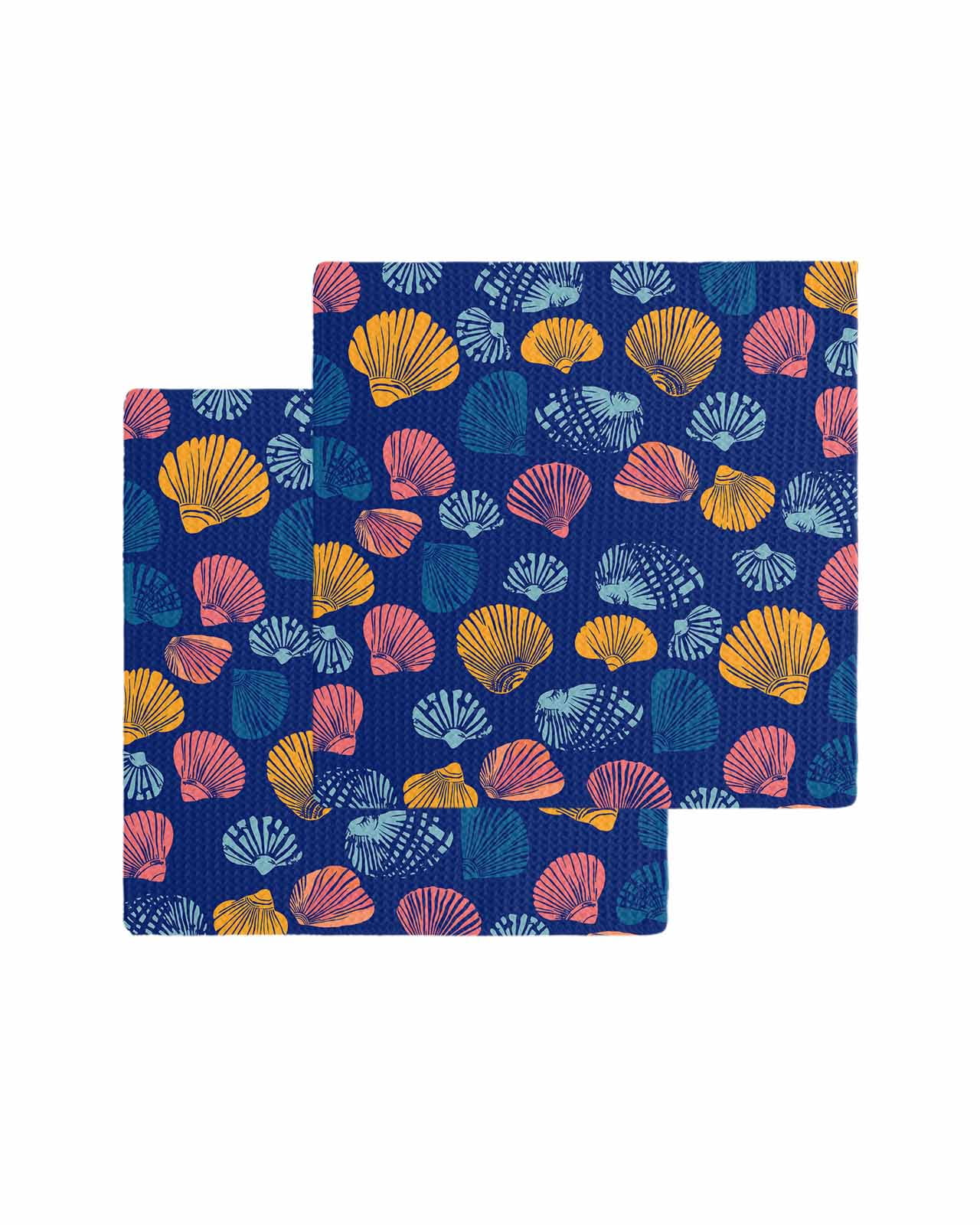 Colorful Shell Kitchen Dish Towels for Drying Dishes Set of 2, Navy Blue Summer Beach Coastal ...