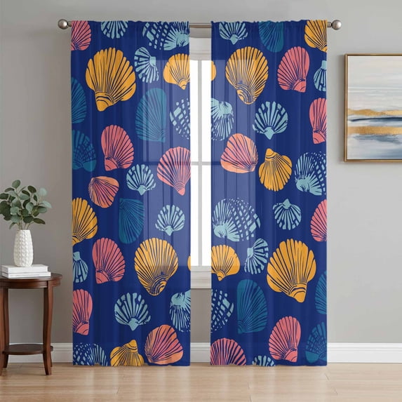Colorful Shell Sheer Curtains 63 Inch Length 2 Panels Set, Navy Blue ...