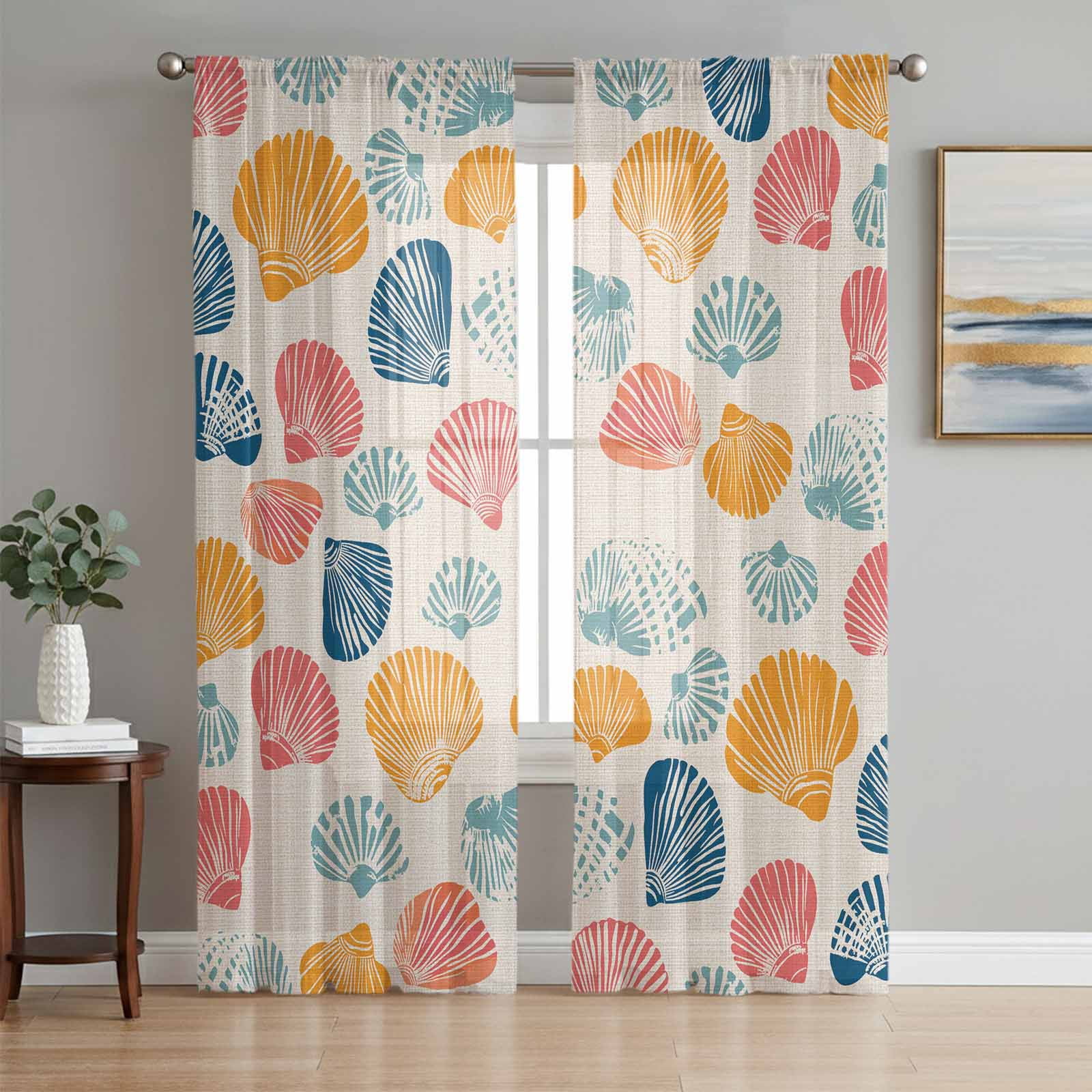 Colorful Shell Sheer Curtains 72 Inch Length 2 Panels Set, Beige Burlap ...
