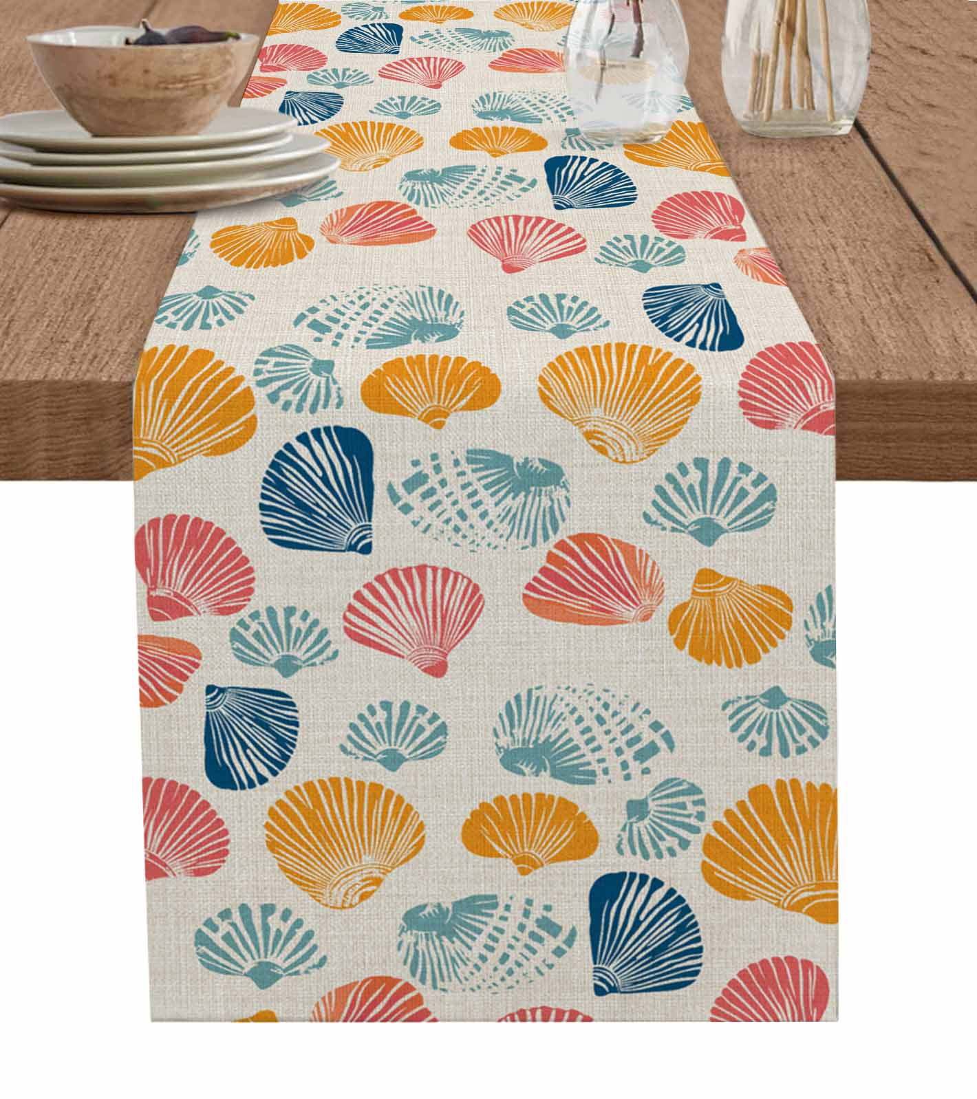 Colorful Shell Table Runner 72 Inches, Beige Burlap Summer Beach ...