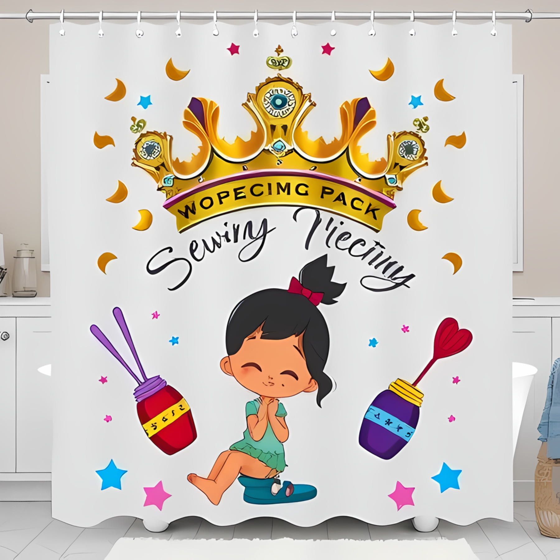 Colorful Shower Curtain with Playful Young Girl Sewing Accessories Golden Crown Whimsical ...
