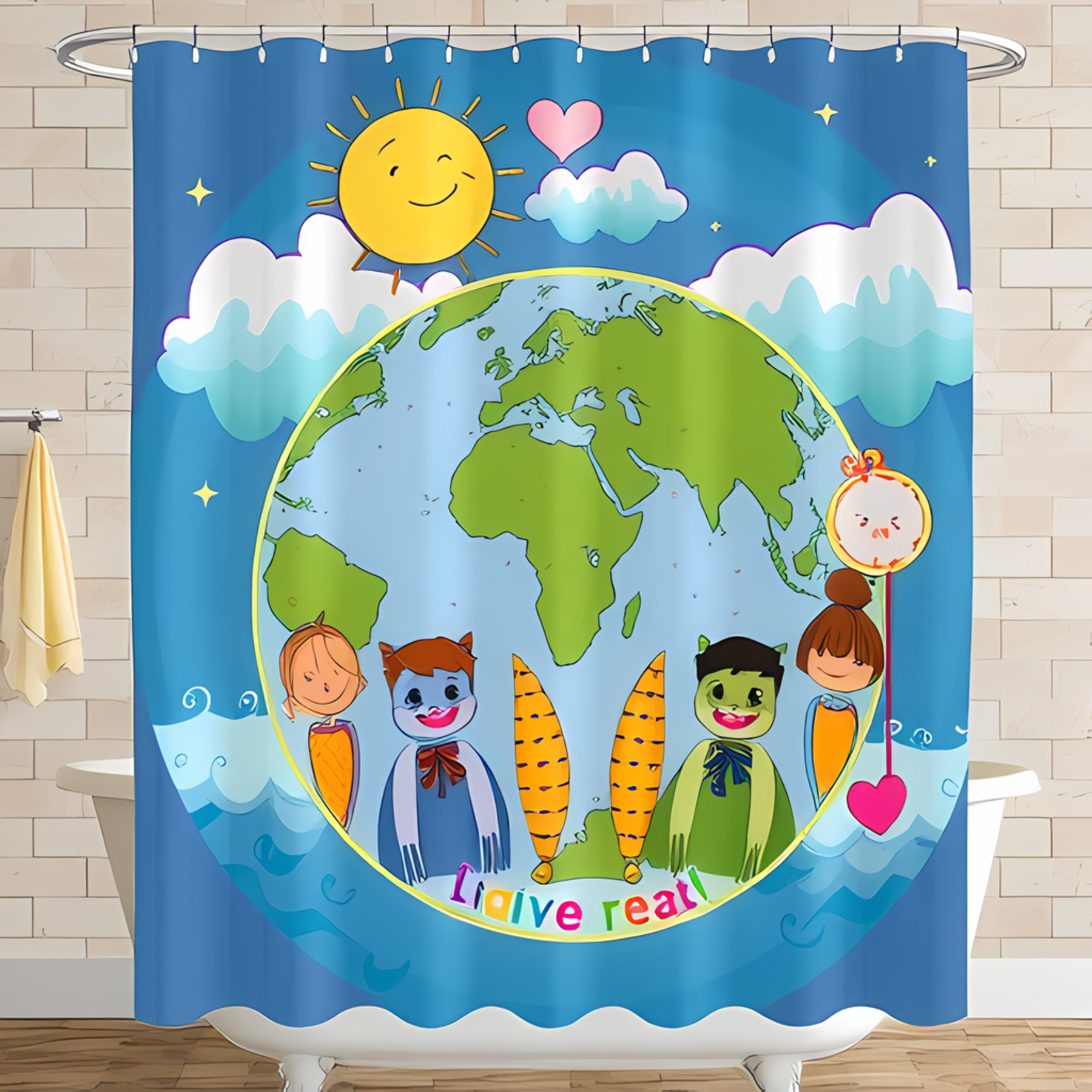 Colorful Shower Curtain with Smiling Sun Fluffy Clouds Cartoon ...