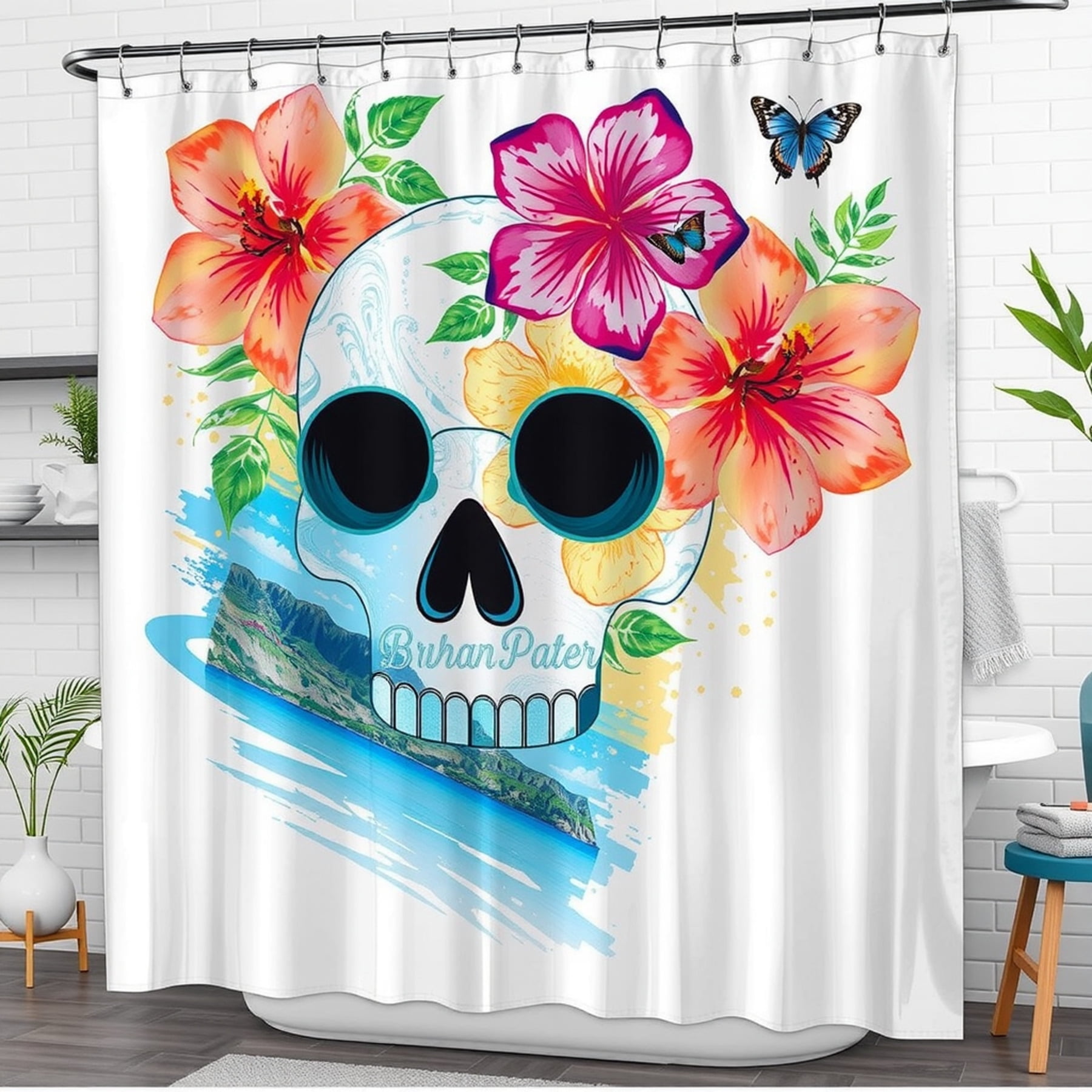 Colorful Shower Curtain with Tropical Flowers & Butterfly - Fun ...