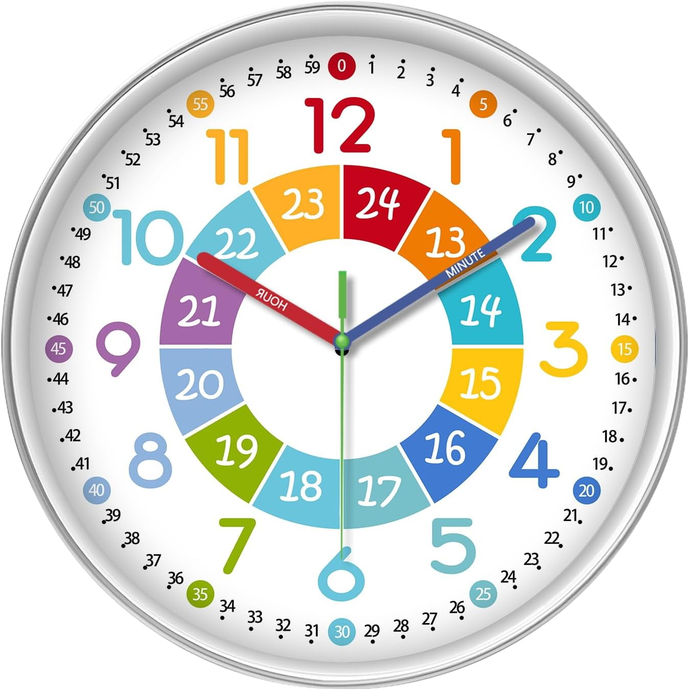 Colorful Silent Wall Clock for Classroom - Telling Time Teaching Clock ...