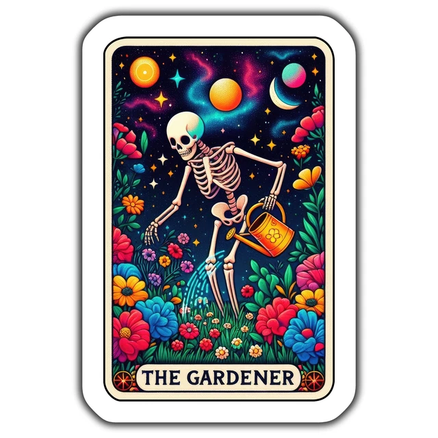 Colorful Skeleton Gardener Sticker, Celestial Garden Scene Decal ...