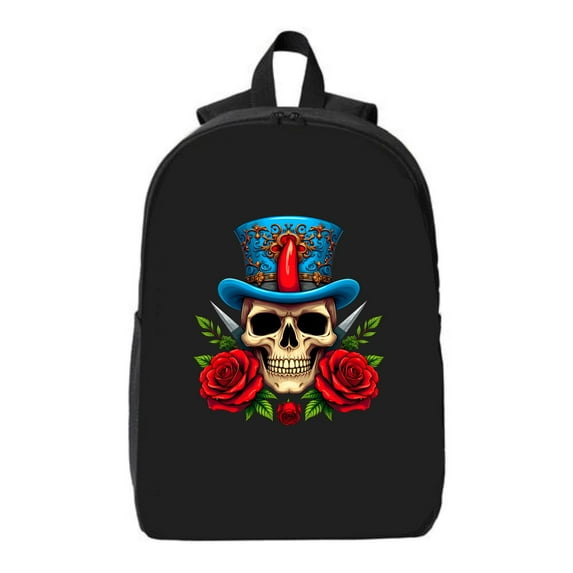 Colorful Skull Design Laptop Backpack - Fits 15 " Laptop & iPad Features Blue Top Hat Red Roses ...