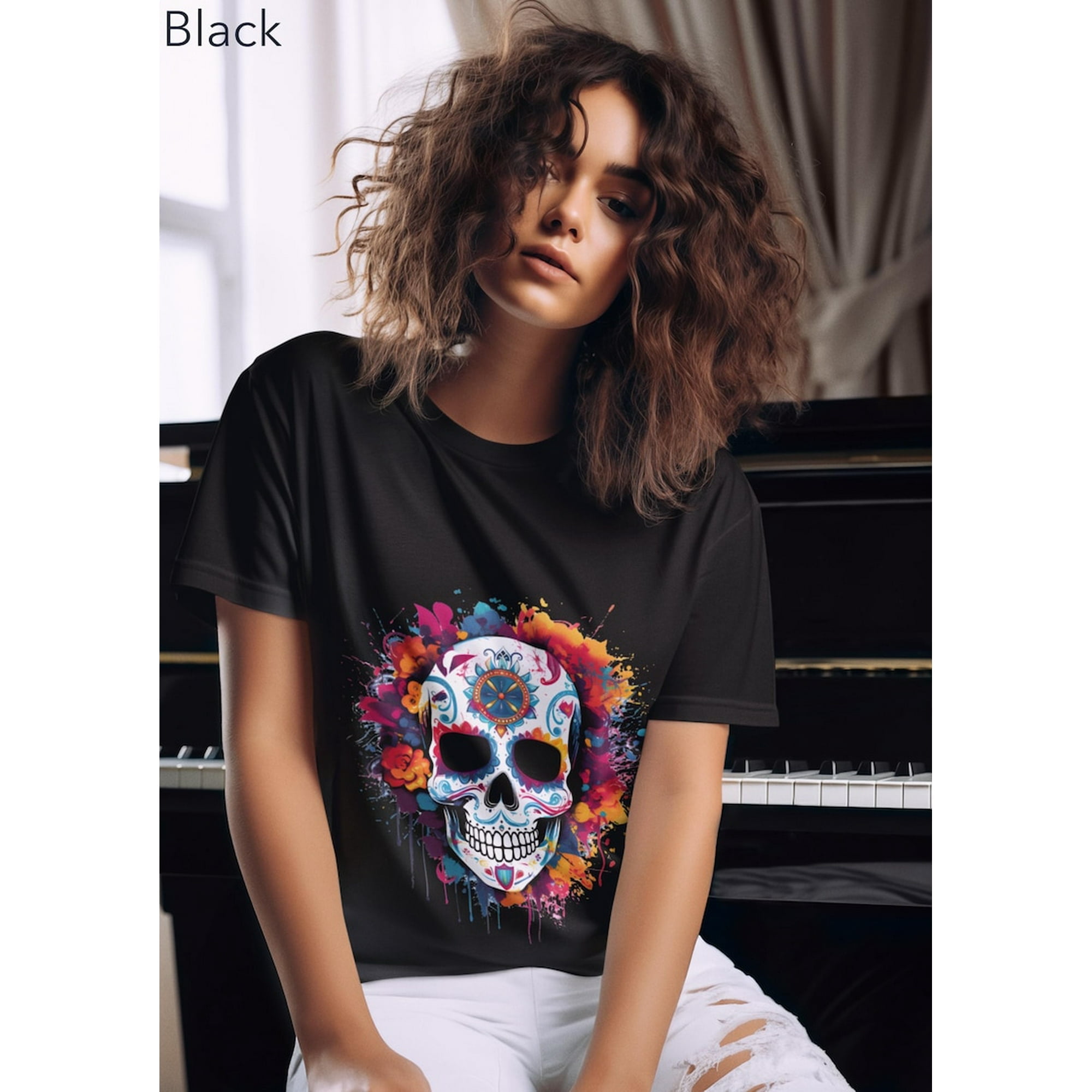 Colorful Skull Halloween T-shirt – Day of the Dead Floral Dia de los ...