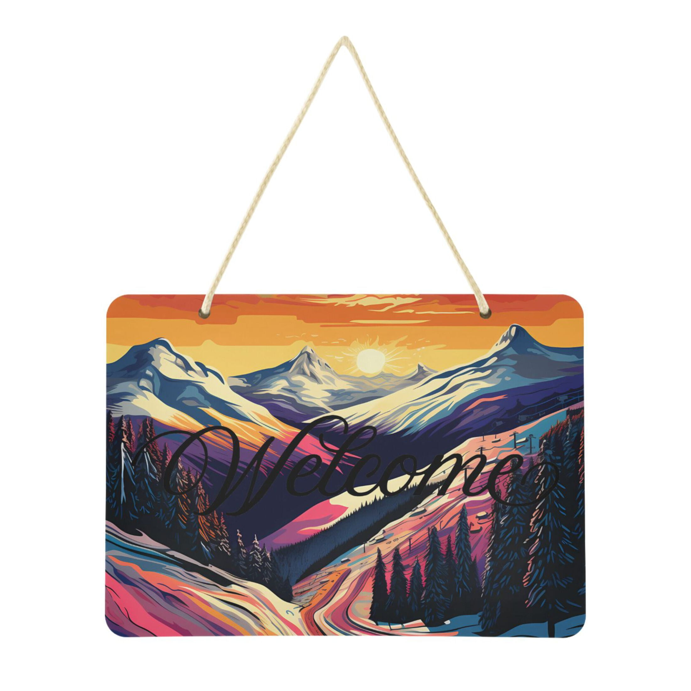 Colorful Snow Mountain Welcome Sign Front Door PVC 14x10 inch Hanger ...