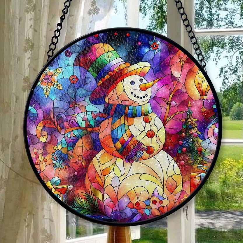 Colorful Snowman Christmas Window Stained Glass, Christmas Decoration ...