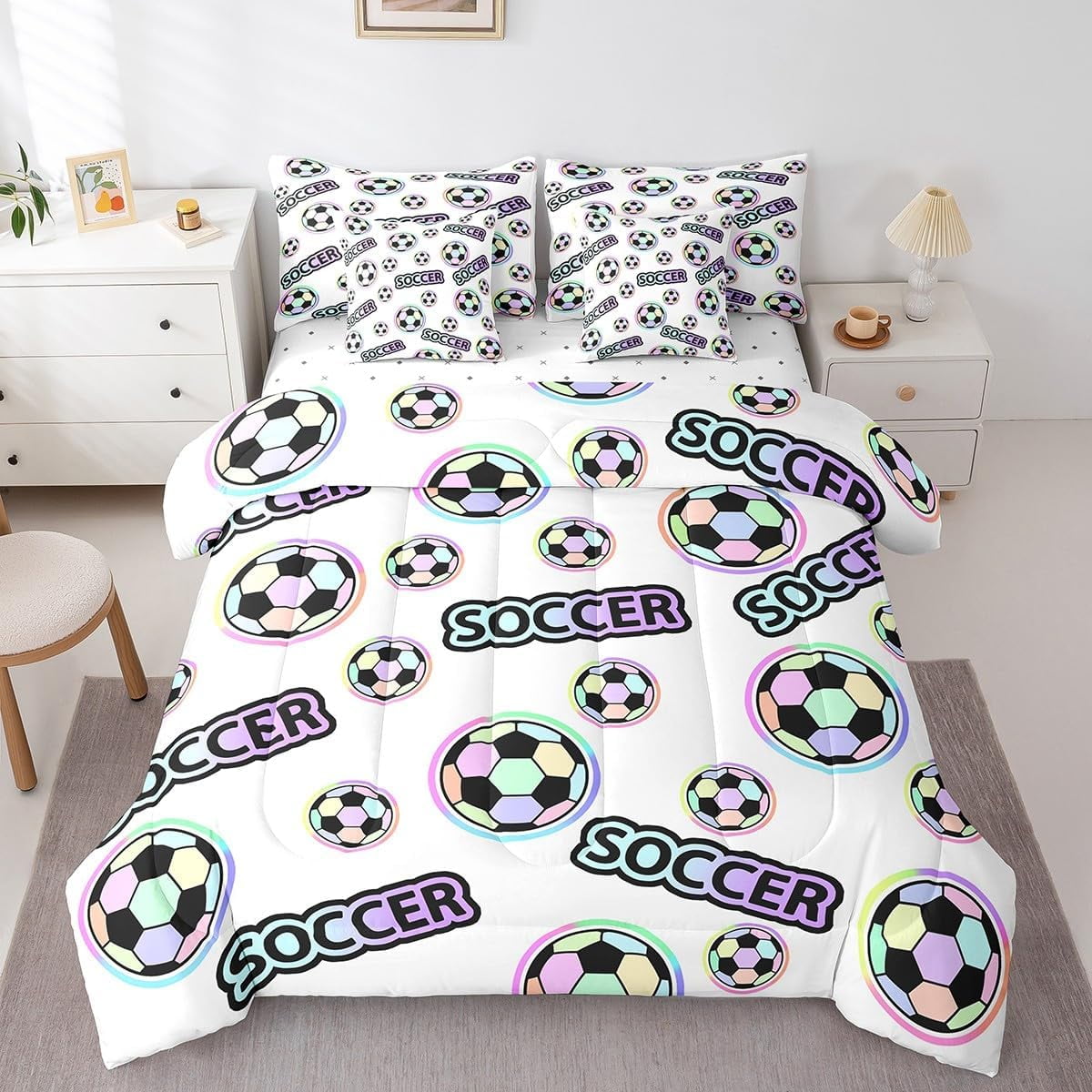 Colorful Soccer 7 Piece Bedding Set Queen Size Kids Boys Football ...