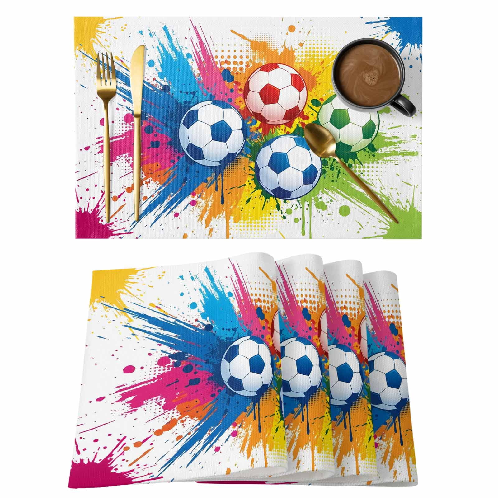 Colorful Soccer Balls Placemats Set of 6,Wipeable Washable Table Mats ...