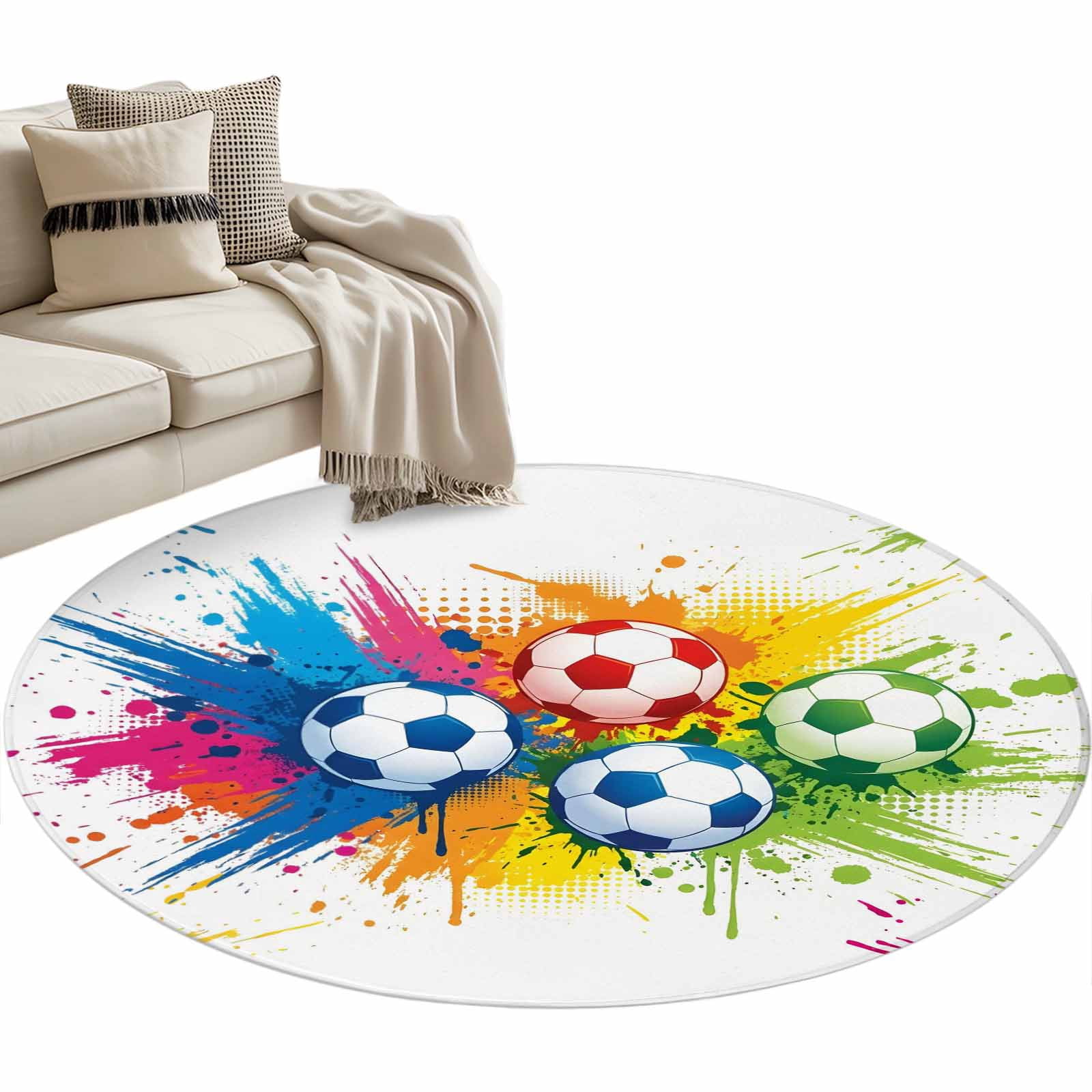 Colorful Soccer Round Rug 3.3ft Washable Circle Entryway Rugs Non Slip ...