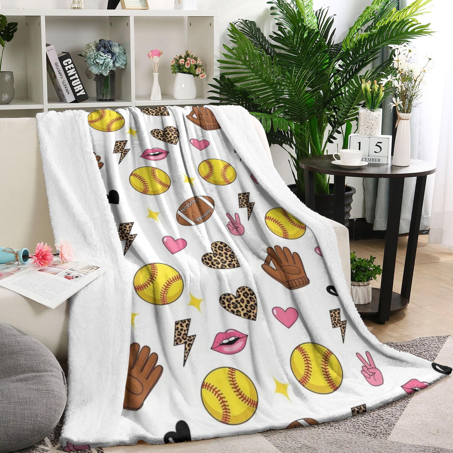 Colorful Softball and Fashion Icons Pattern Blanket,Comfortable Soft ...