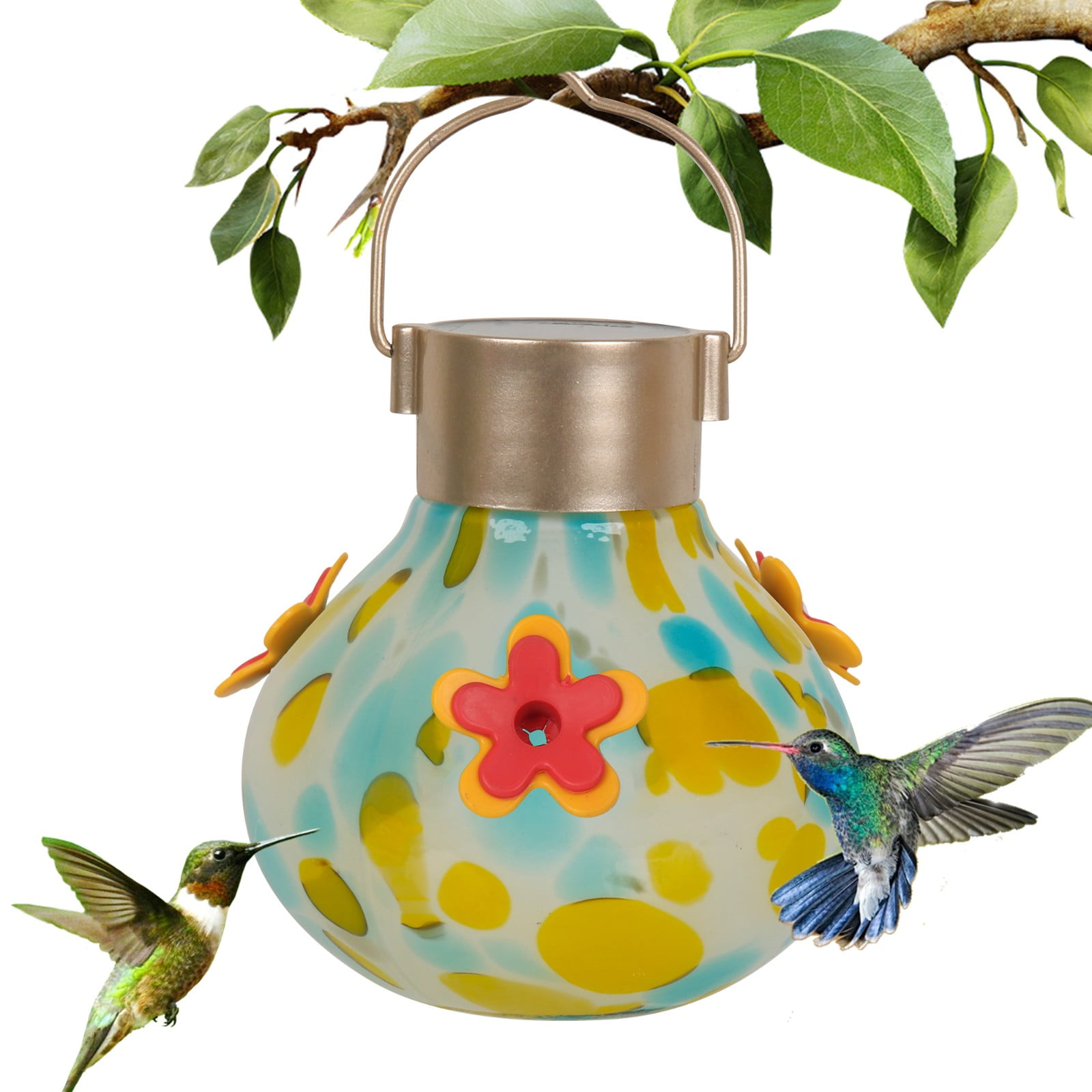 Colorful Solar Hummingbird Feeder with LED Globe: 3 Feeding Ports, Ant ...