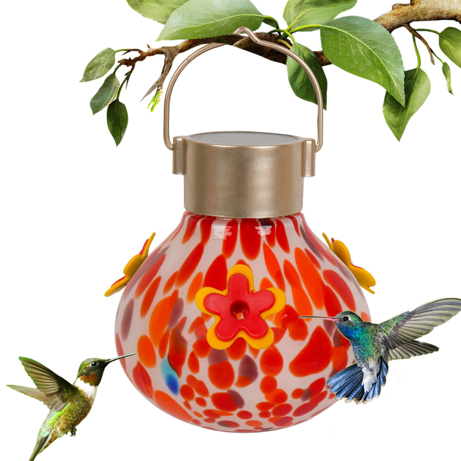 Colorful Solar Hummingbird Feeder with LED Solar Globe: 3 Feeding Ports ...