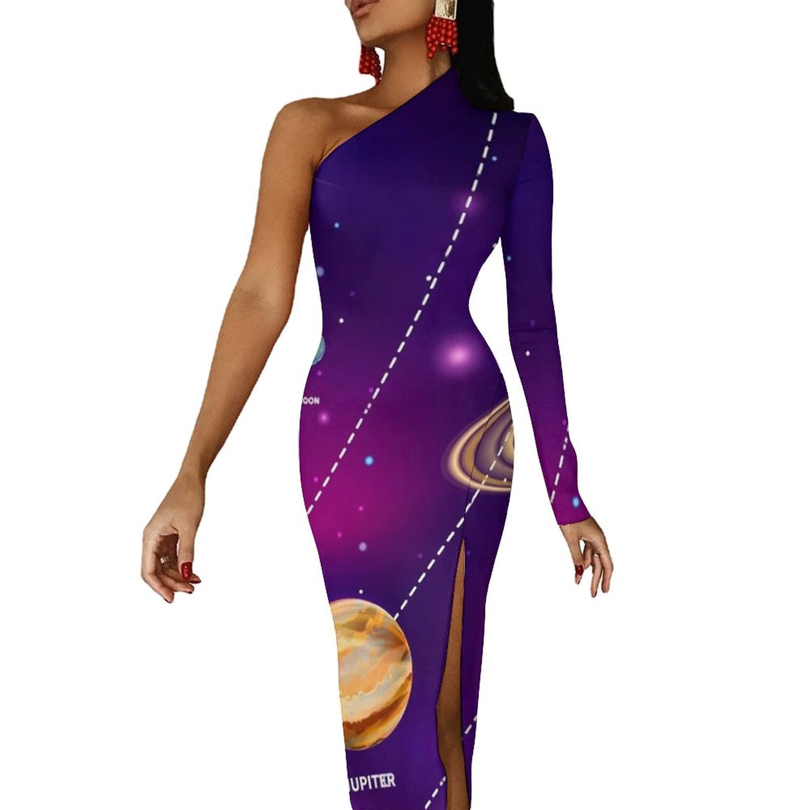 Colorful Space Maxi Dress Long Sleeve Fantasy Planets Aesthetic Bodycon ...
