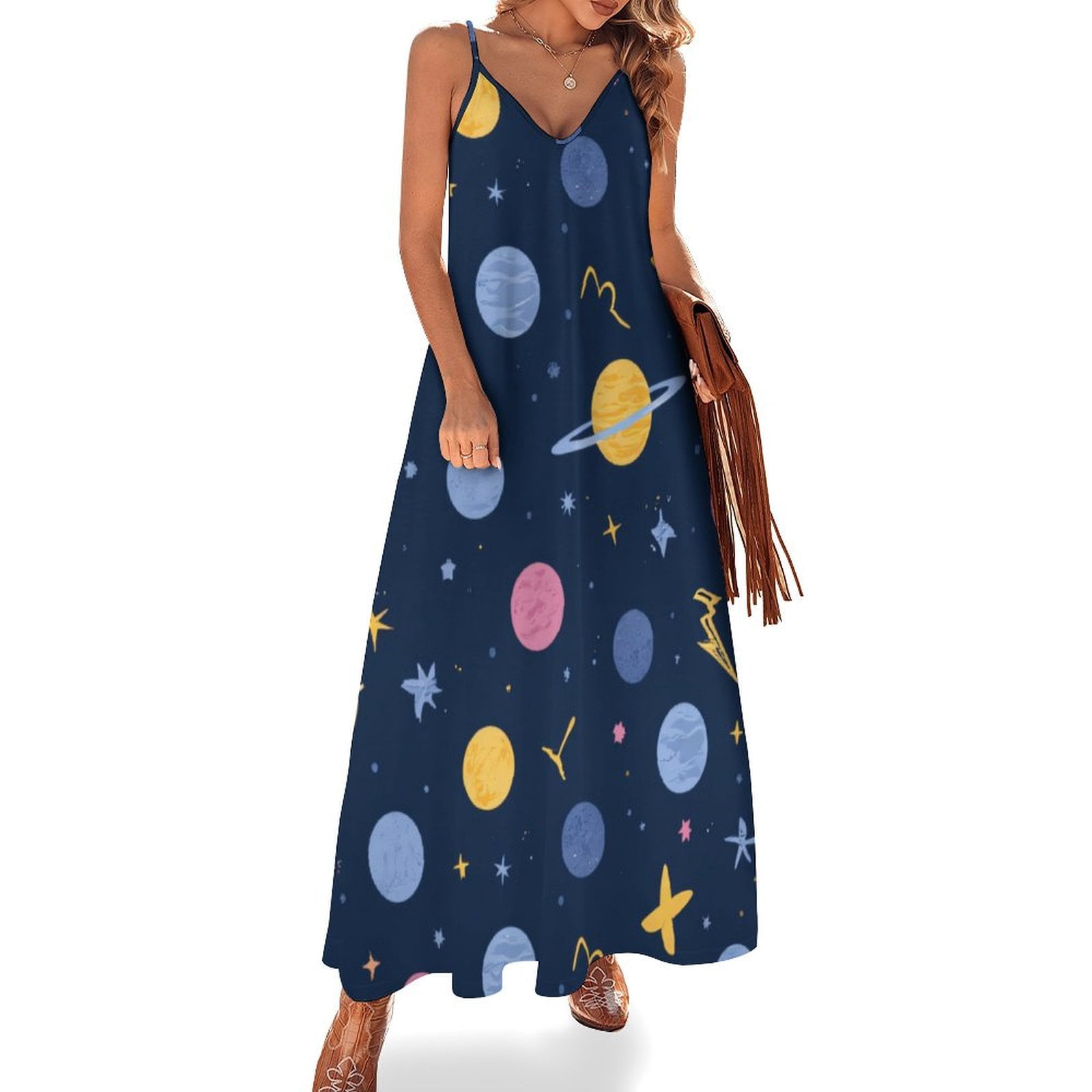 Colorful Space Pattern with Planets And Stars Sleeveless Dress Women's ...