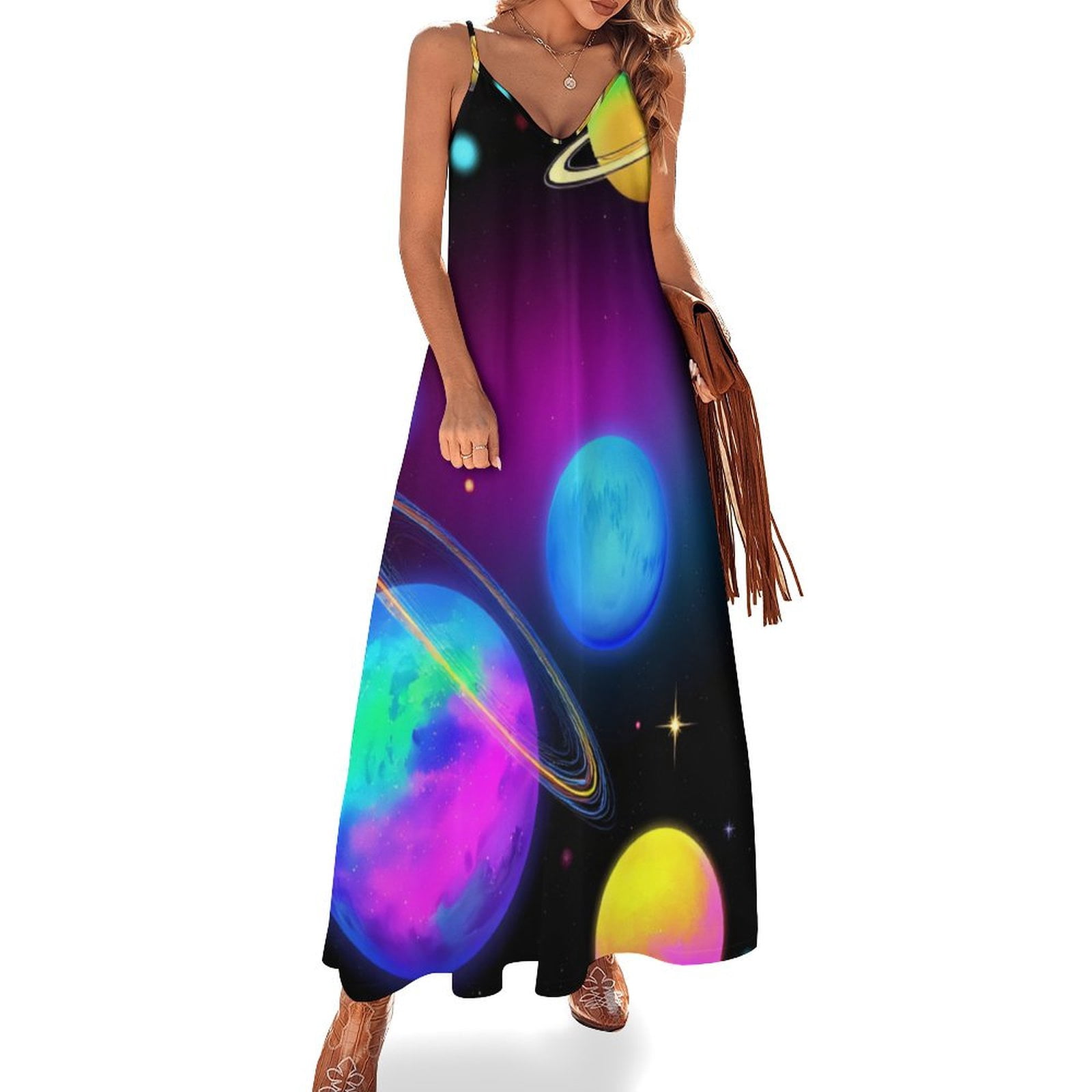 Colorful Space Planets Pattern Design Sleeveless Dress Woman Fashion ...