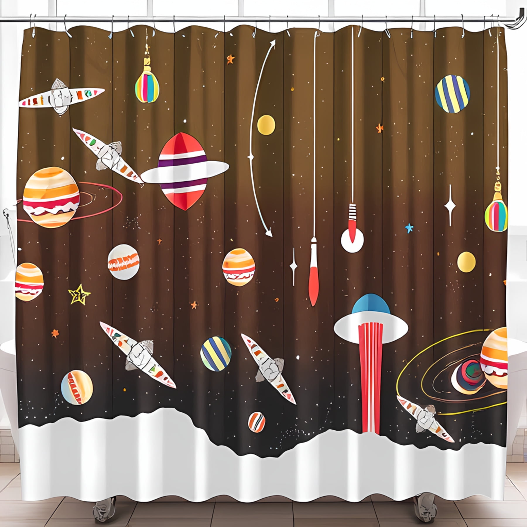 Colorful Space-Themed Shower Curtain with Planets and Spaceship Design ...