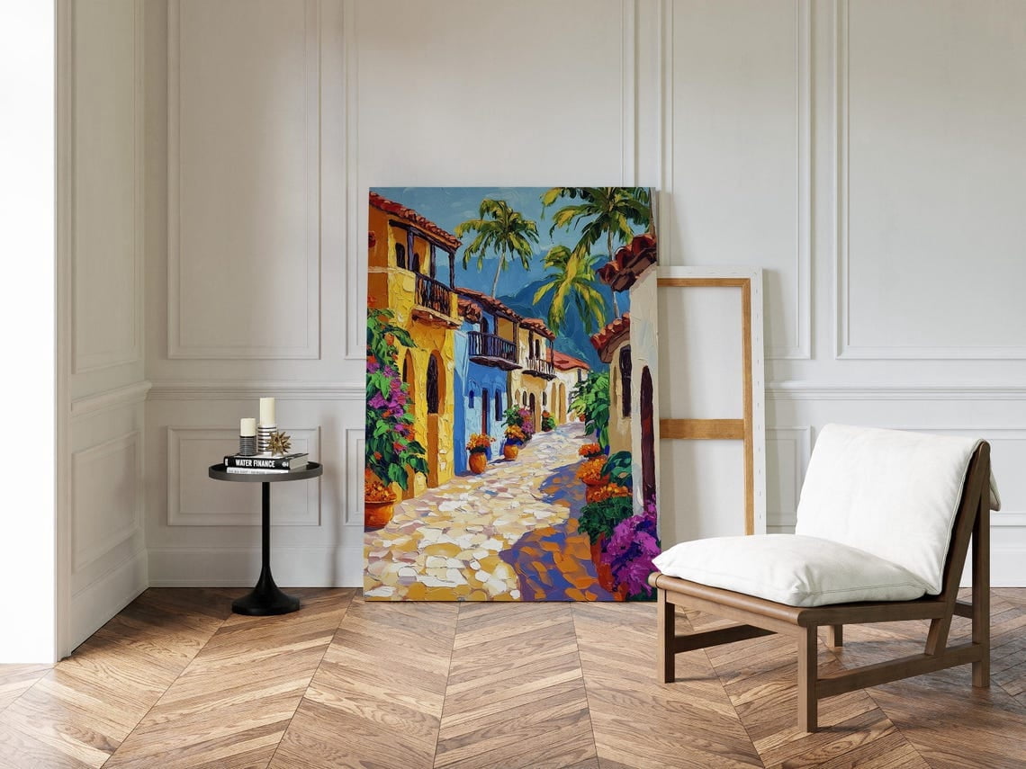 Colorful Spanish Village Street Wall Art, Tropical Flower Pots ...