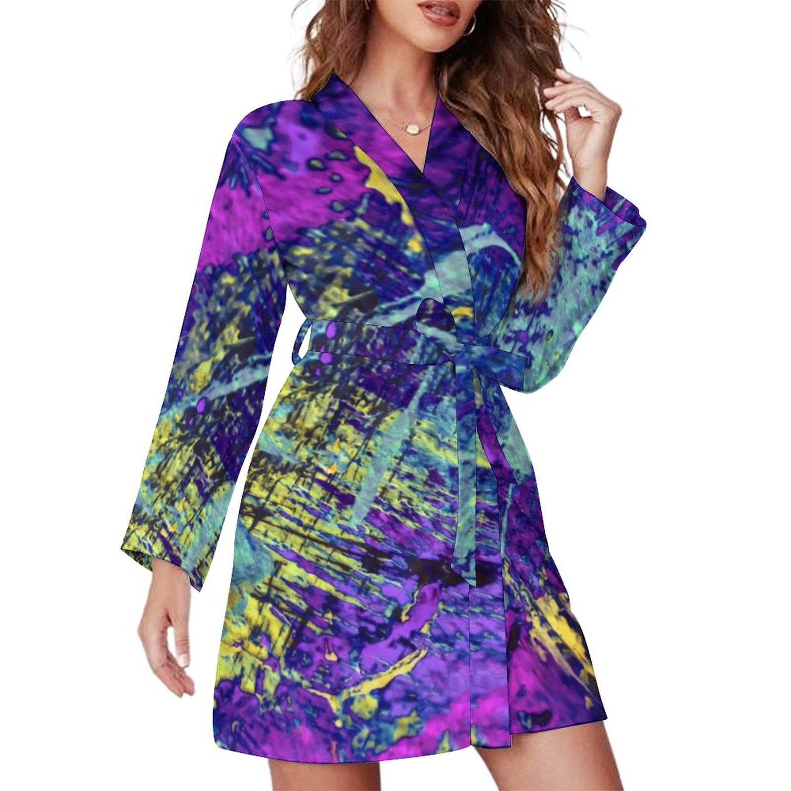 Colorful Splash Pajama Robe Abstract Ink Print Long Sleeve Casual ...