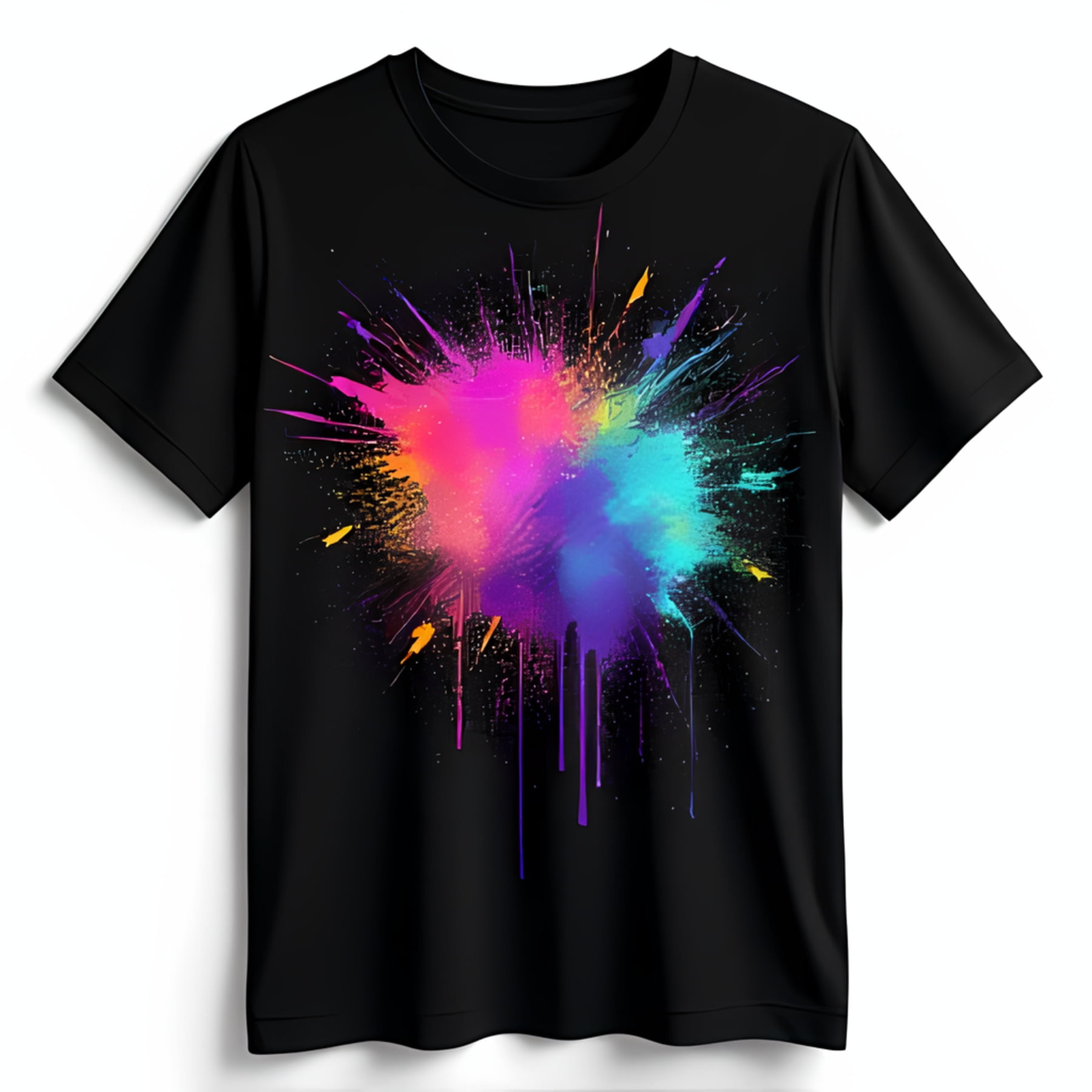 Colorful Splatter Design Black T-Shirt Vibrant Pink Blue & Green Art ...